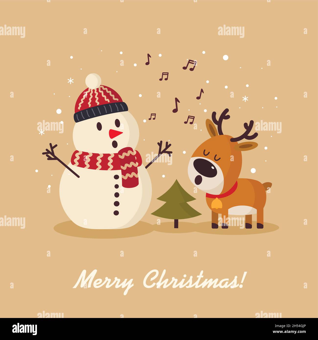 Snowman with deer singing song near Christmas tree poster. Merry ...