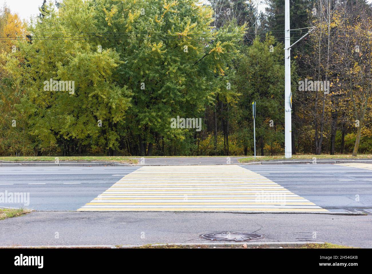 Yellow - white pedestrian crossing across the carriageway Stock Photo ...
