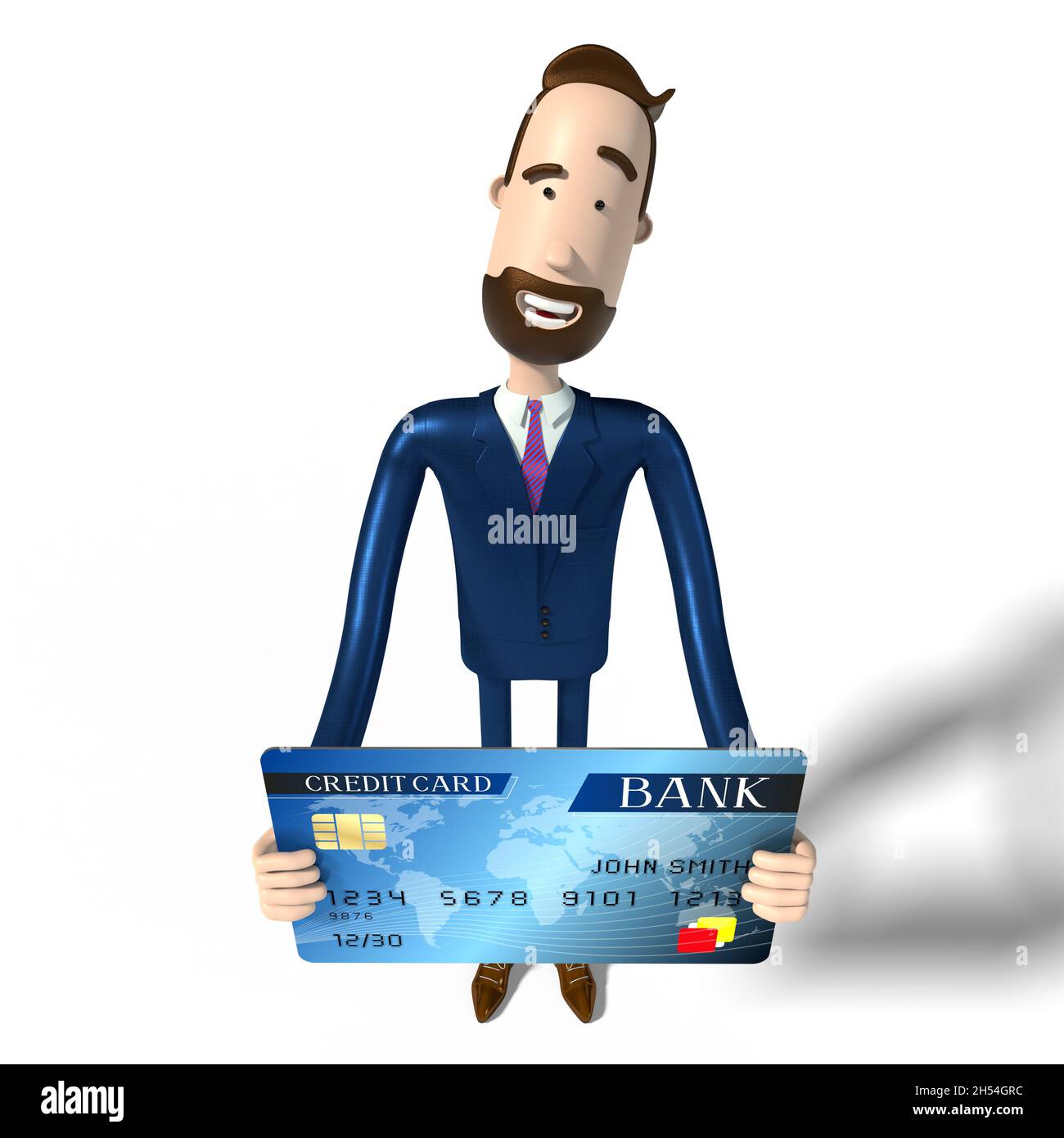 Handsome cartoon businessman holding credit card, white background - 3D ...
