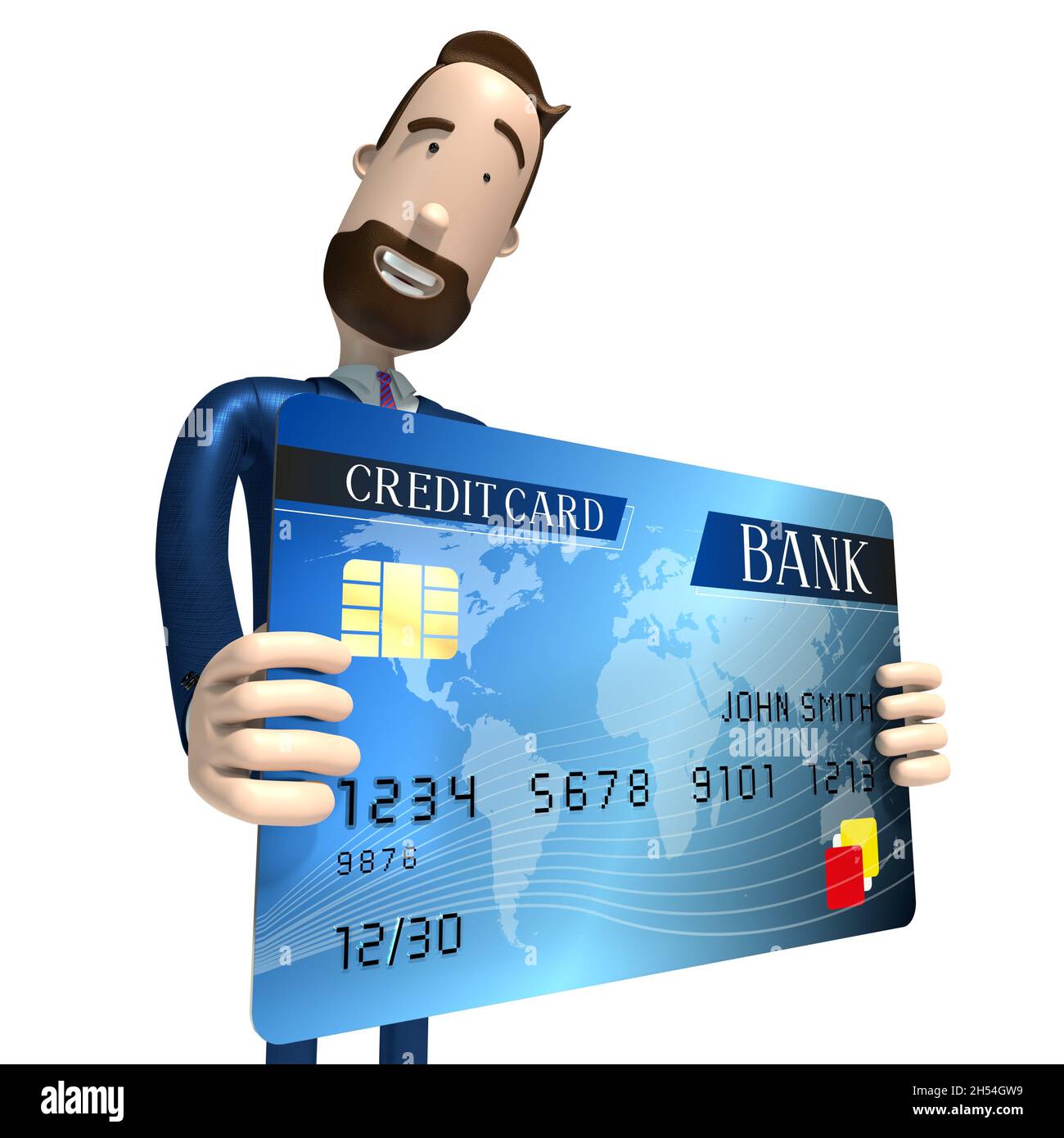 Handsome cartoon businessman holding credit card, white background - 3D ...