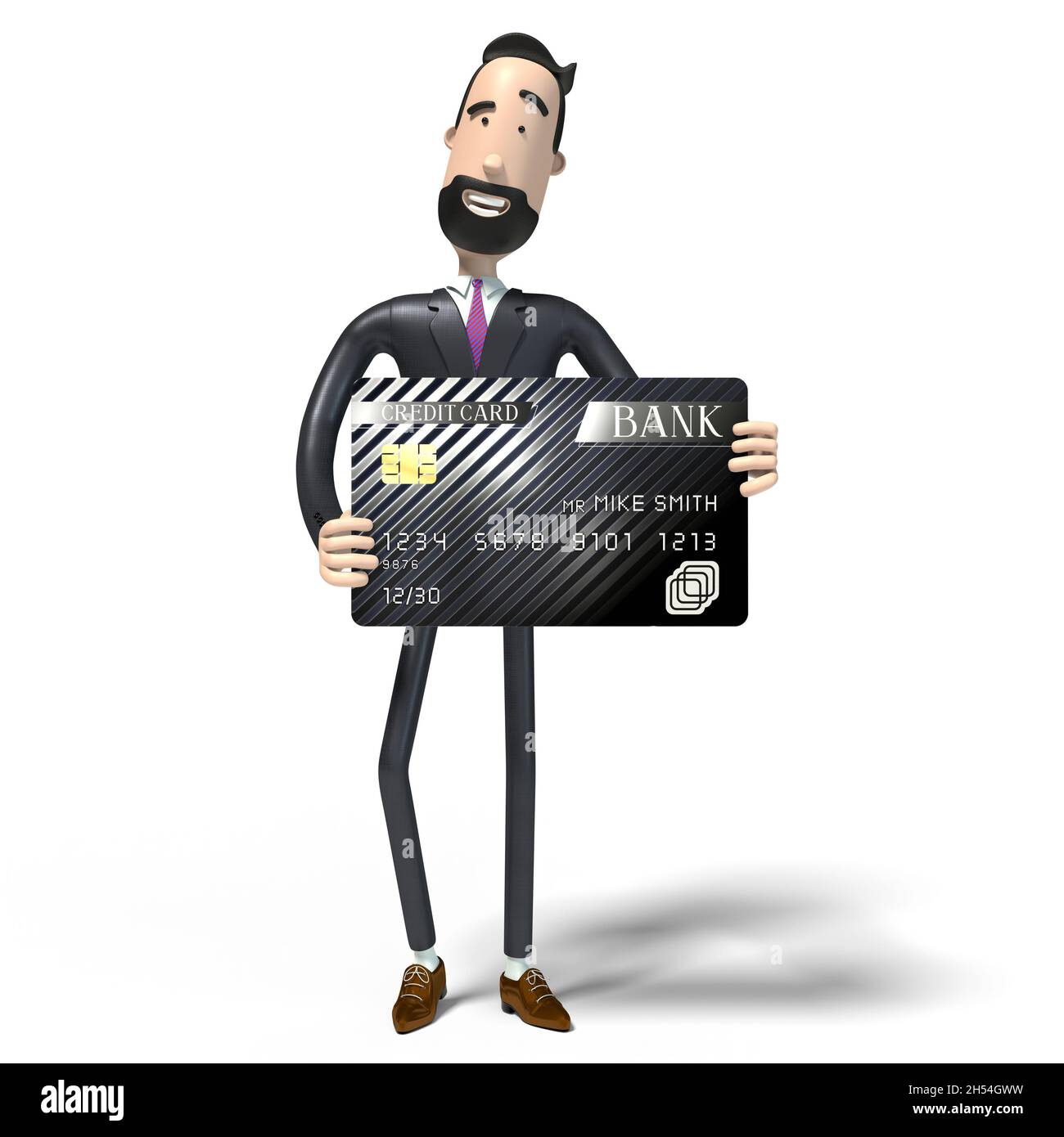 Handsome cartoon businessman holding credit card, white background - 3D ...