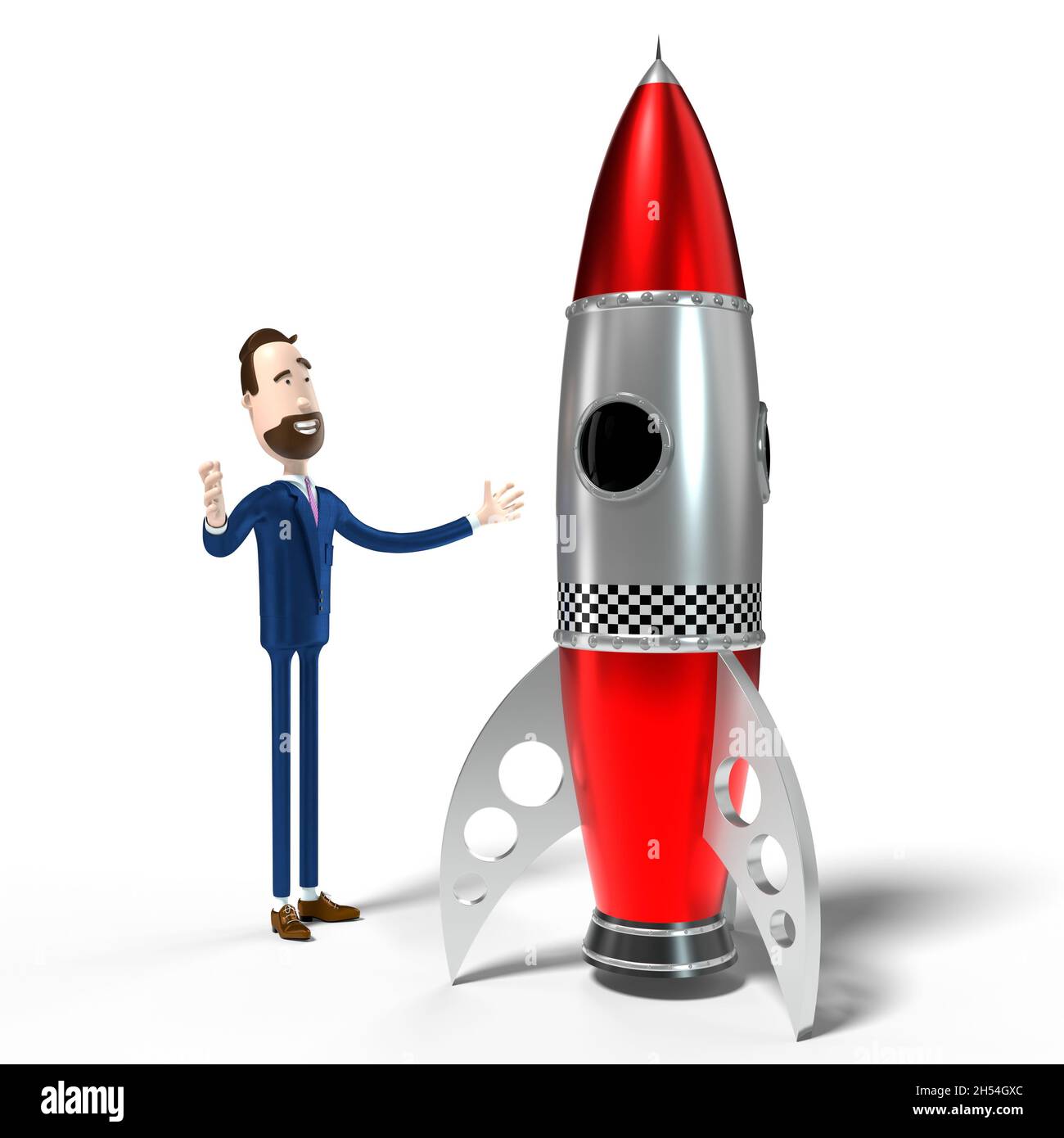 Handsome cartoon businessman and toy rocket, white background - 3D ...