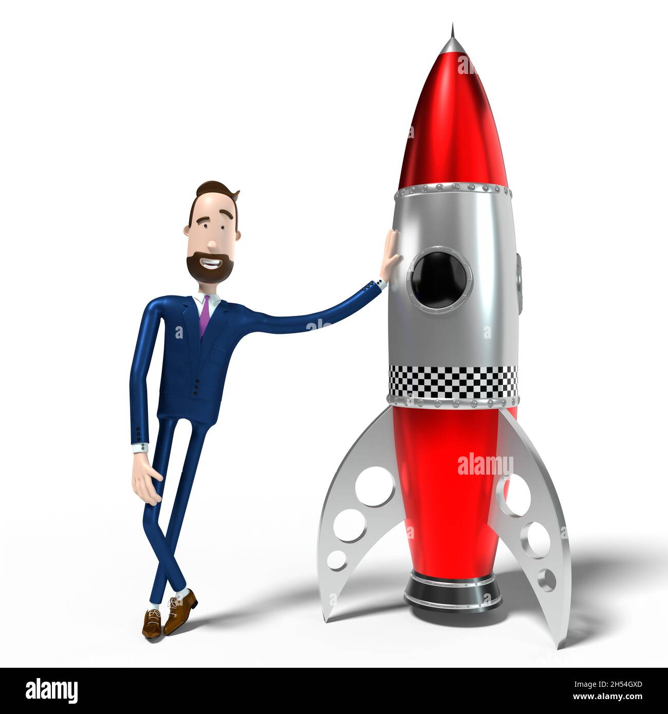 Handsome cartoon businessman and toy rocket, white background - 3D ...