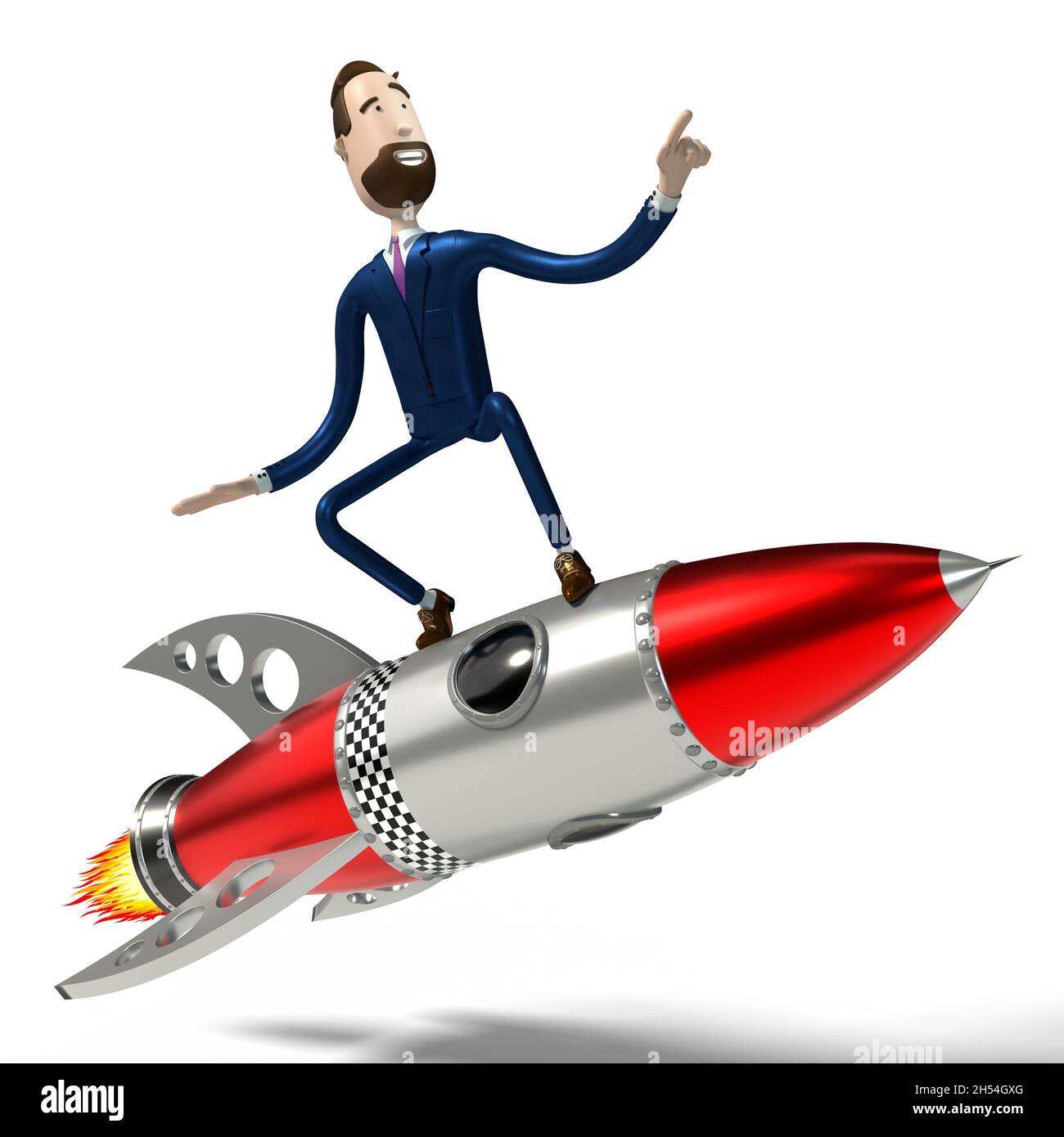 Handsome cartoon businessman riding on toy rocket, white background ...