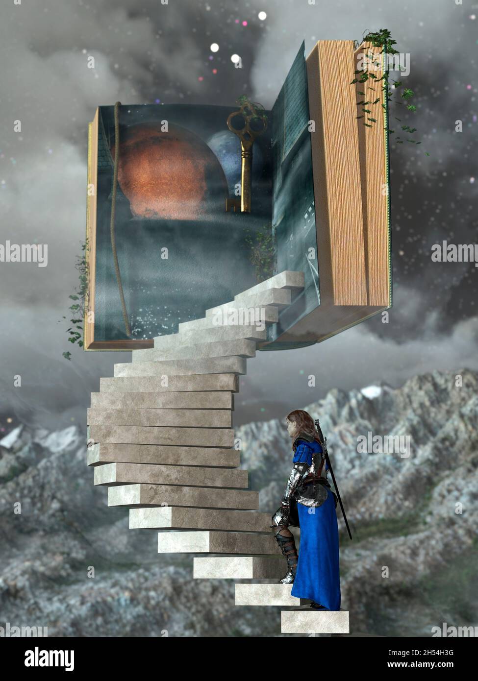 Knight climbing stairs to the storybook in the clouds - 3d rendering ...
