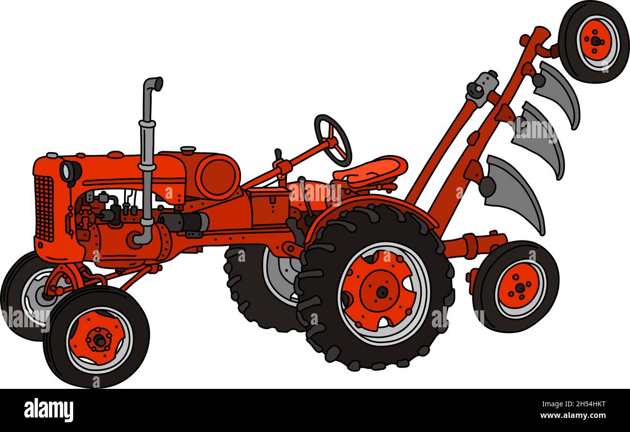 The vectorized hand drawing of a vintage red tractor with a plough ...