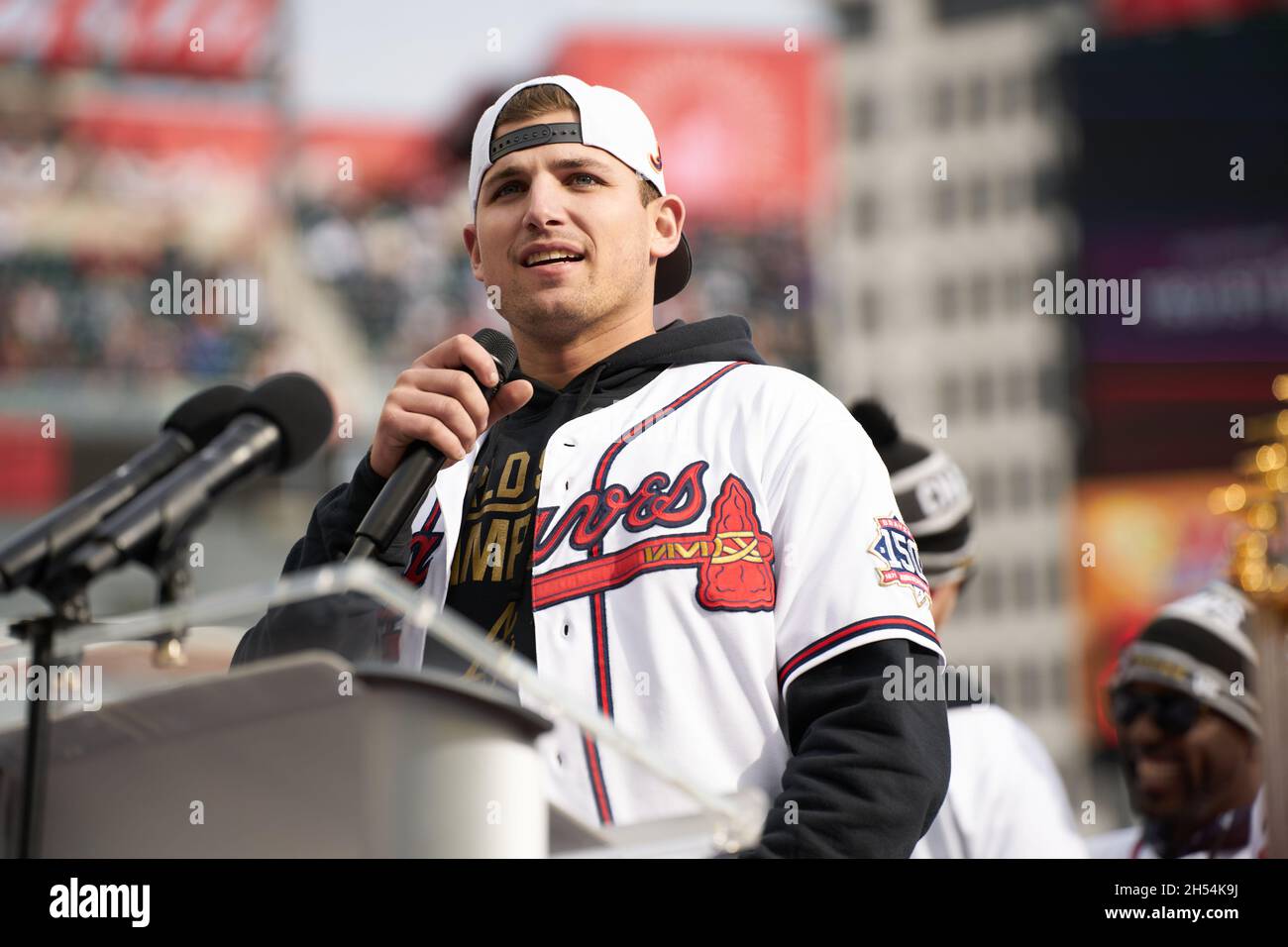 Atlanta, USA. 05th Nov, 2021. Third Baseman Austin Riley addresses fans ...