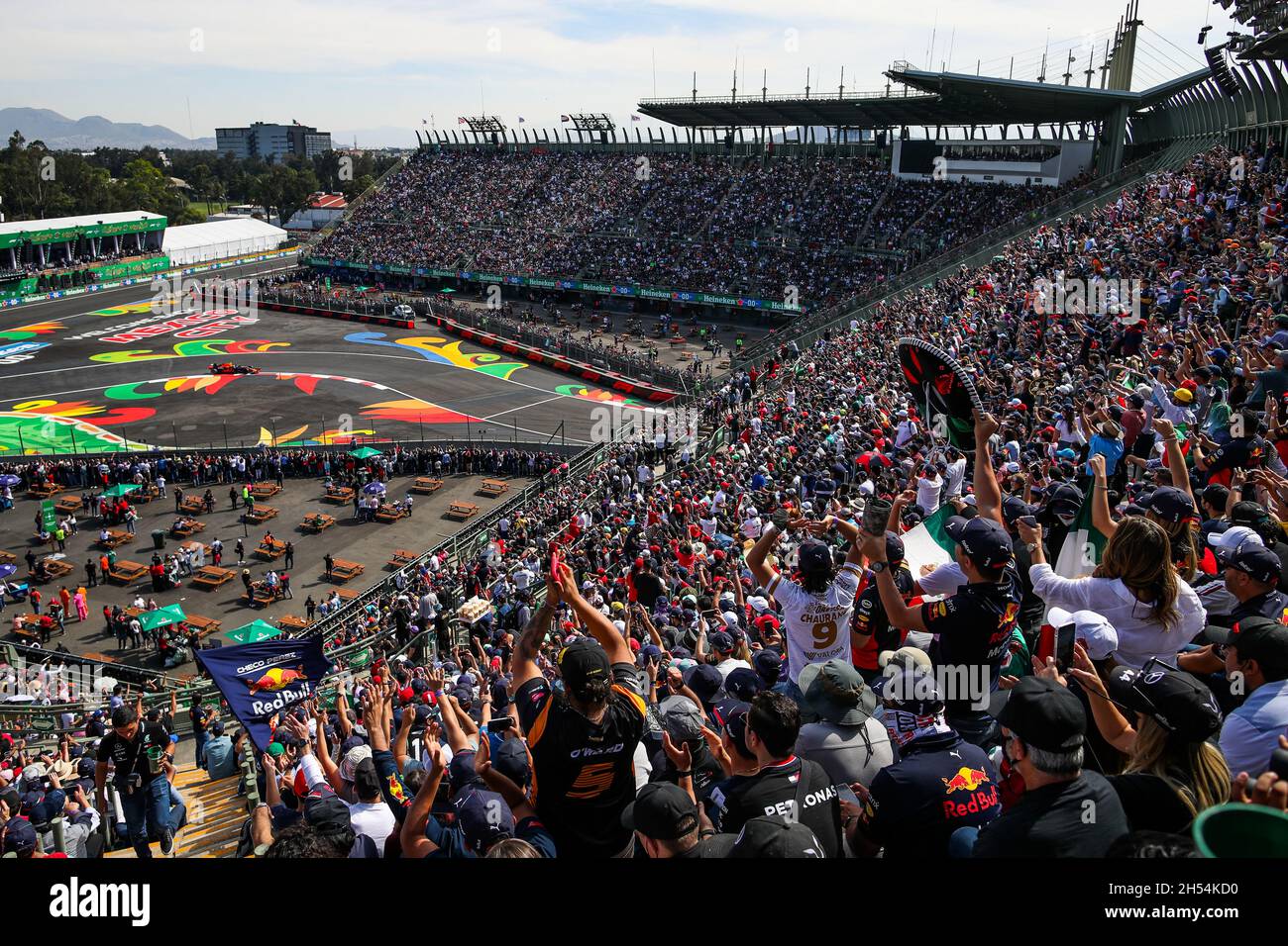 The crowd of fans in the grandstands of the stadium during the Formula ...