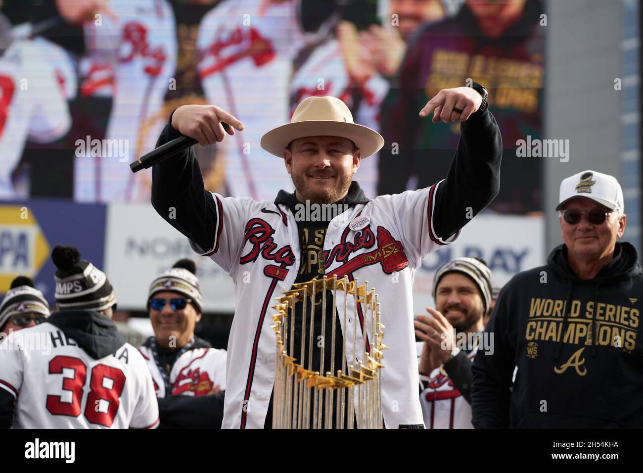 Atlanta, USA. 05th Nov, 2021. Pitcher Tyler Matzek addresses fans at a ...