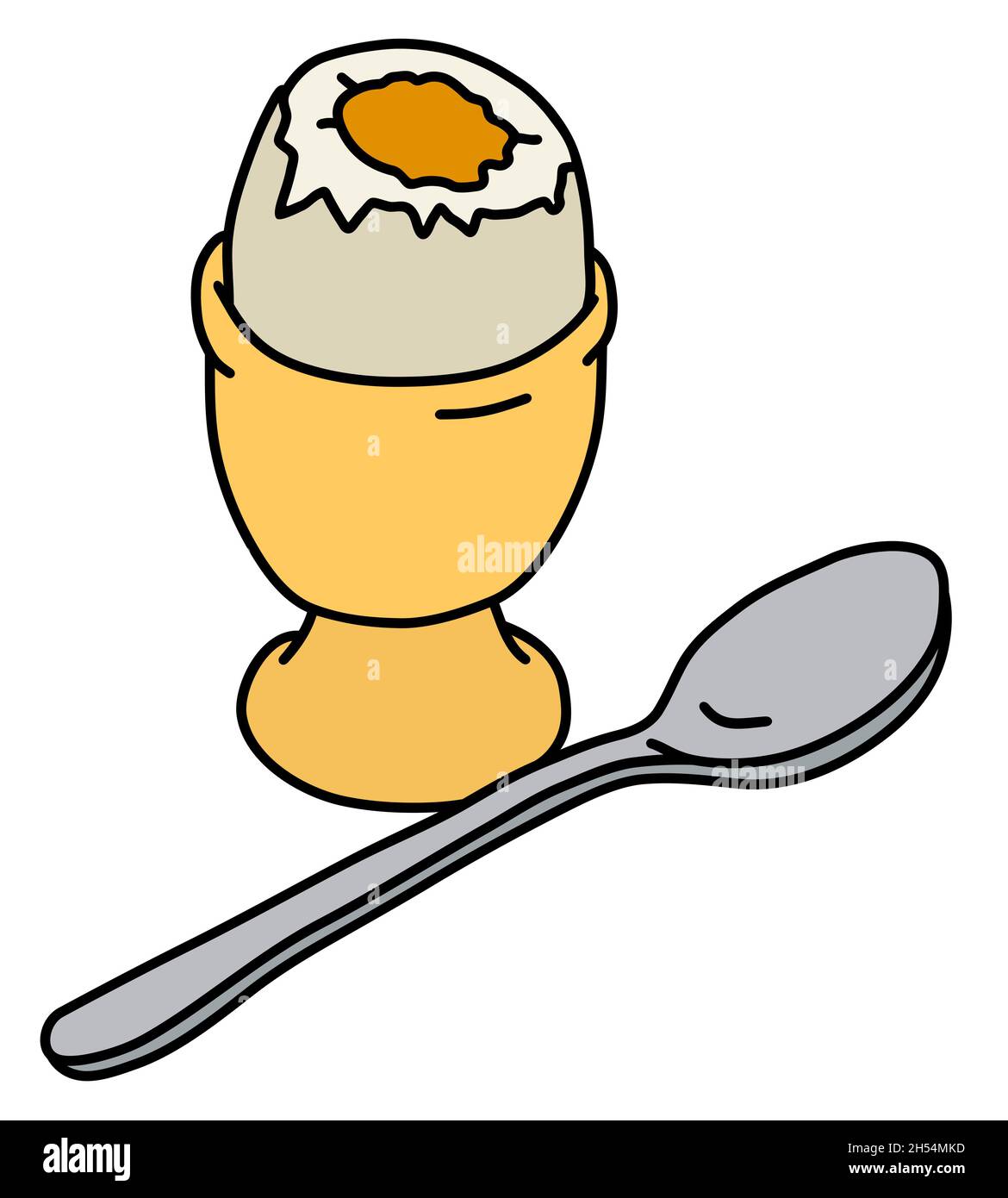 The hand drawing of a half boiled egg in the yellow ceramic stand Stock ...