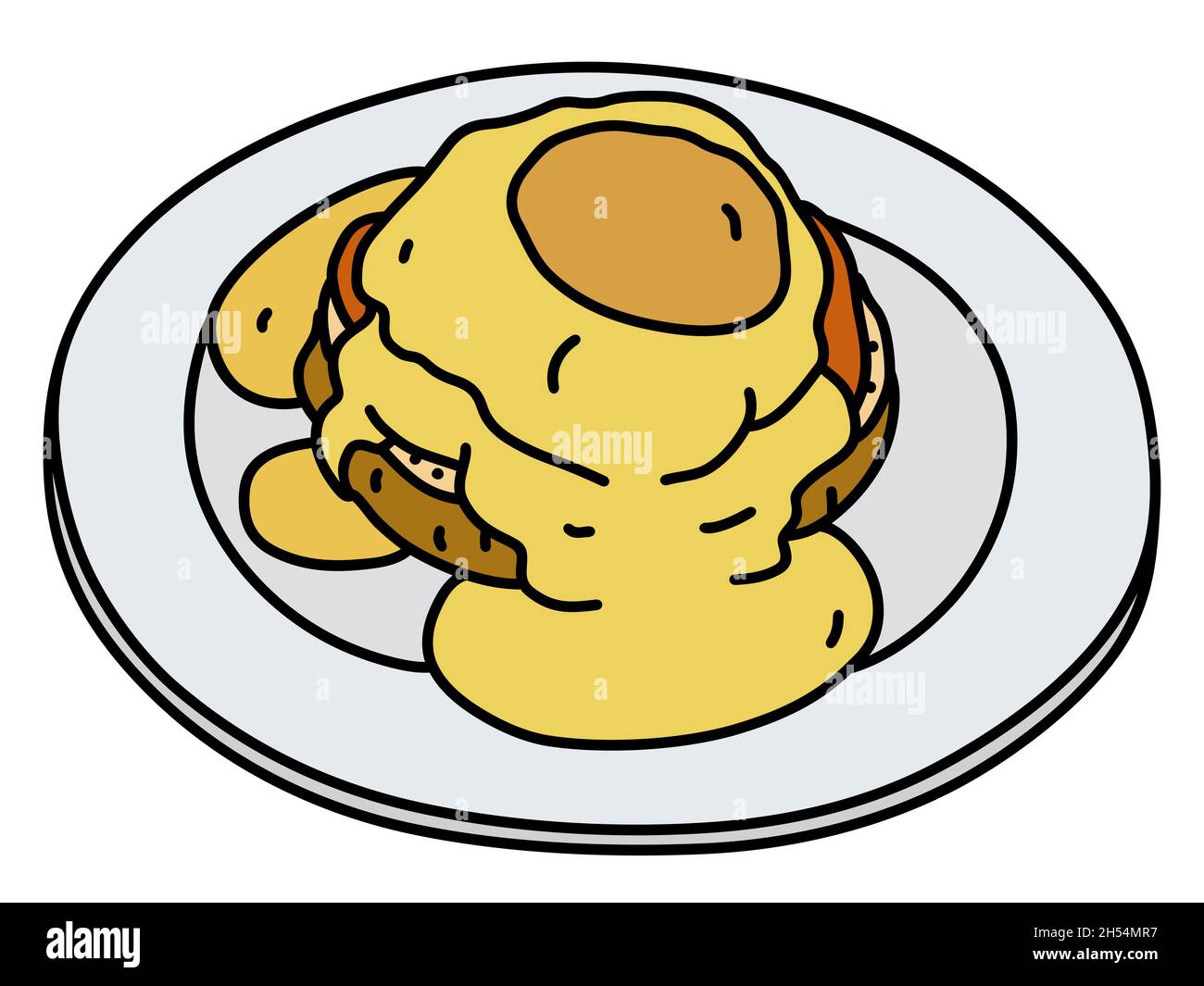 The hand drawing of a cooked egg Benedict with a hollandaise sauce ...