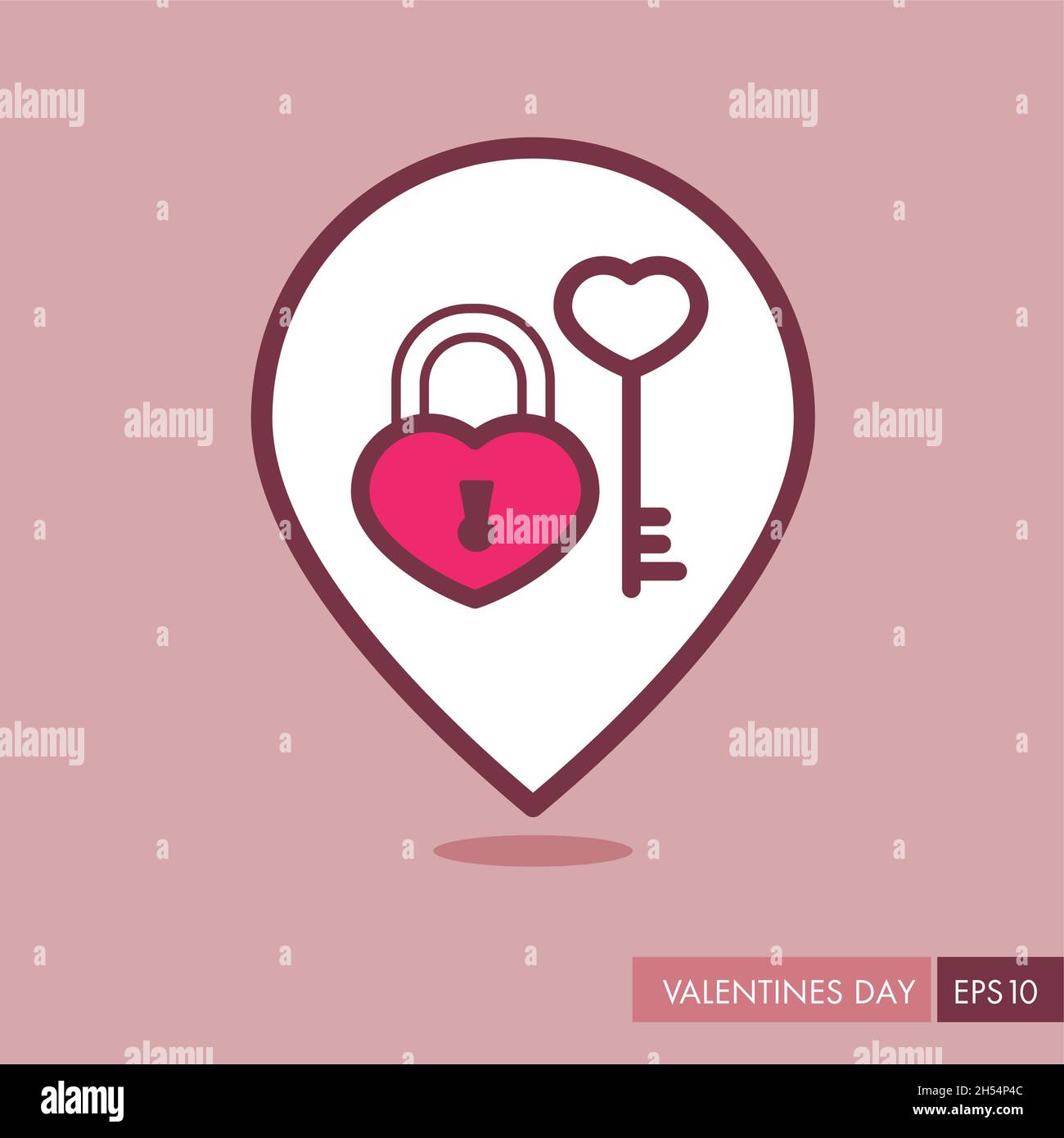 Key and lock in heart shape pin map icon. Valentines day symbol. Map ...
