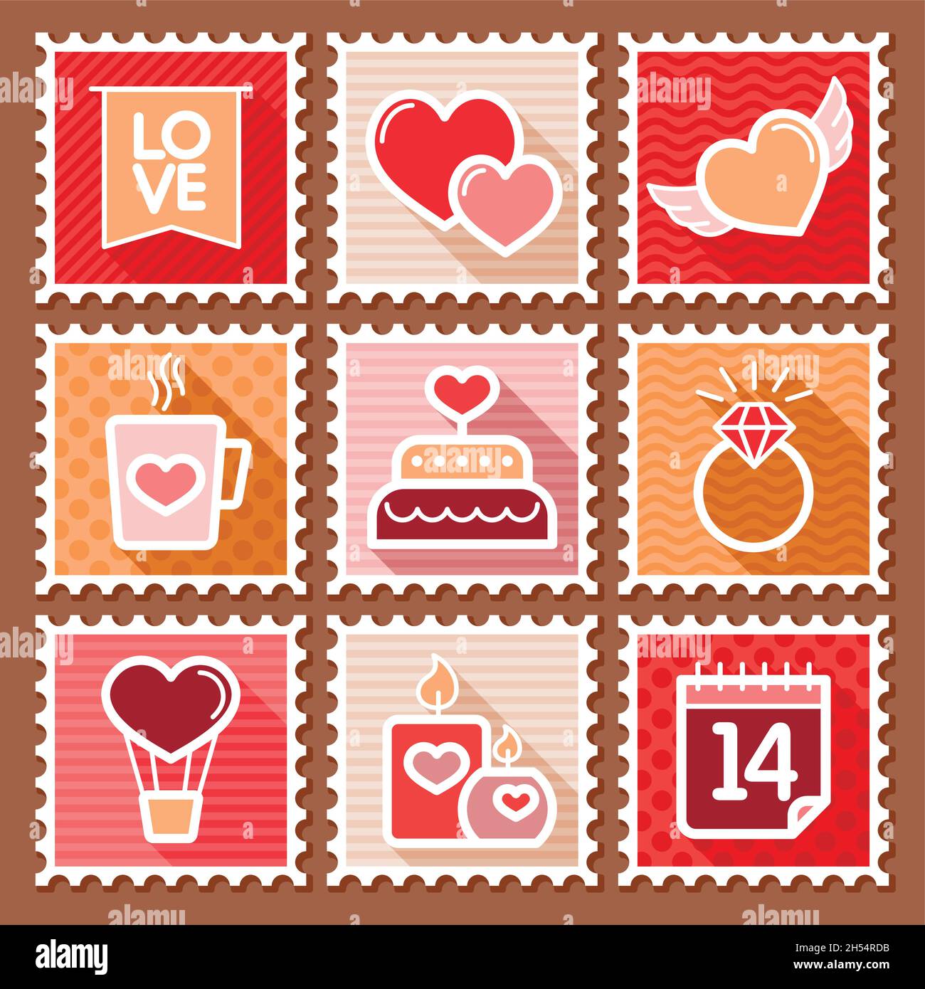 Valentines day postage stamps. Vector illustration, romance elements ...