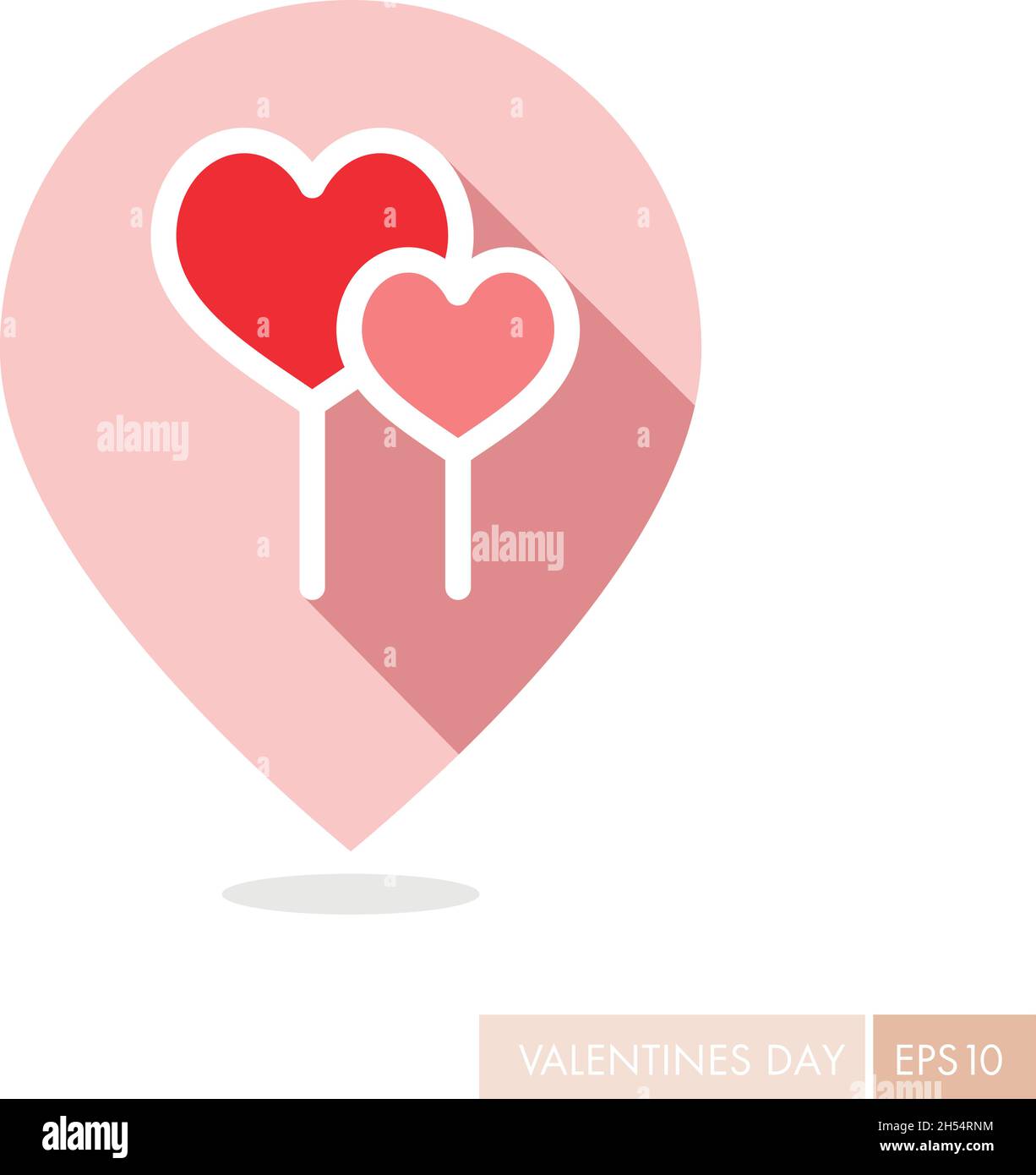 Romantic desserts. Sweet Valentines Day greeting. Map pointer. Two red ...