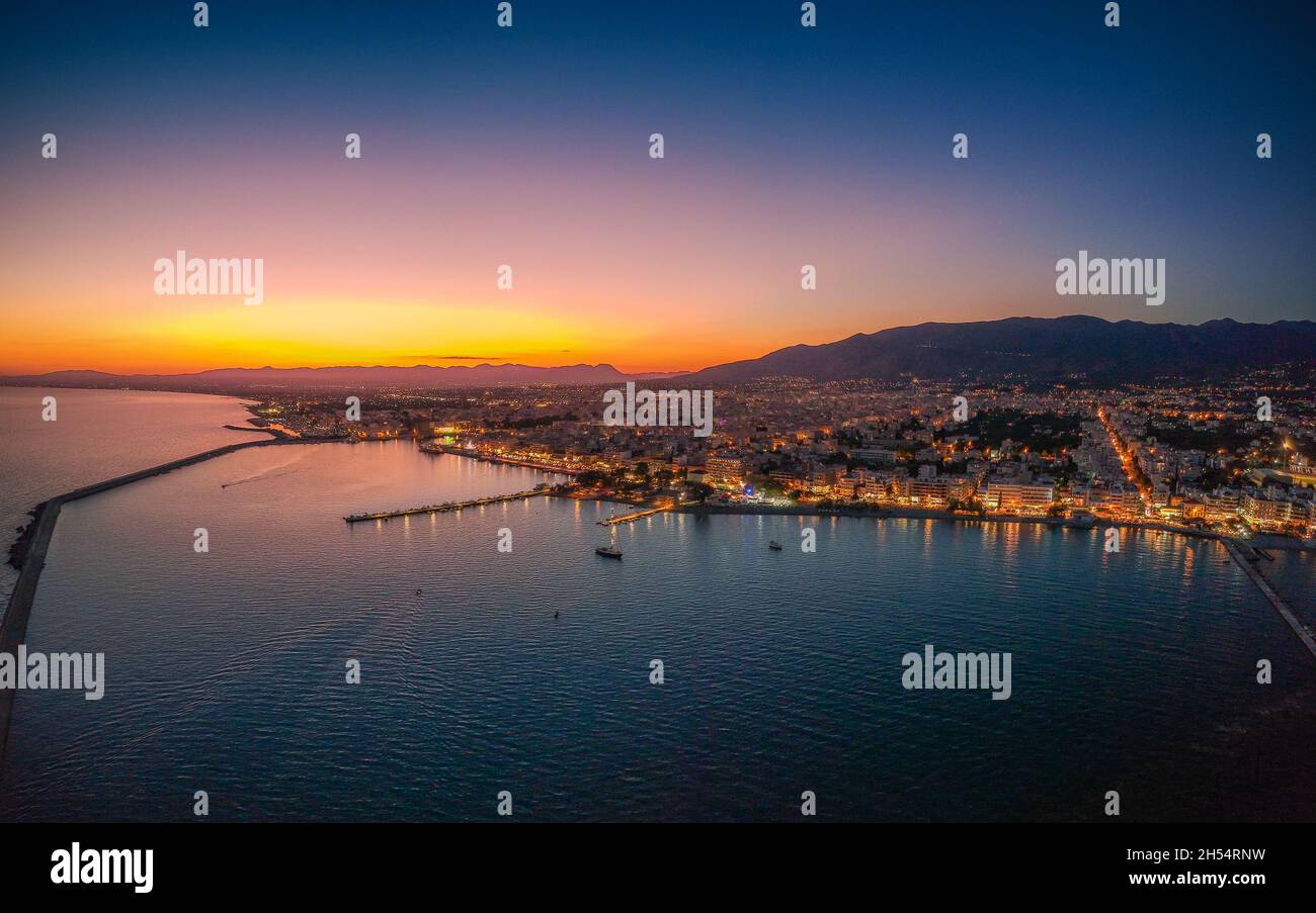 Aerial seaside view over Kalamata city in Messinia, Greece at sunset ...
