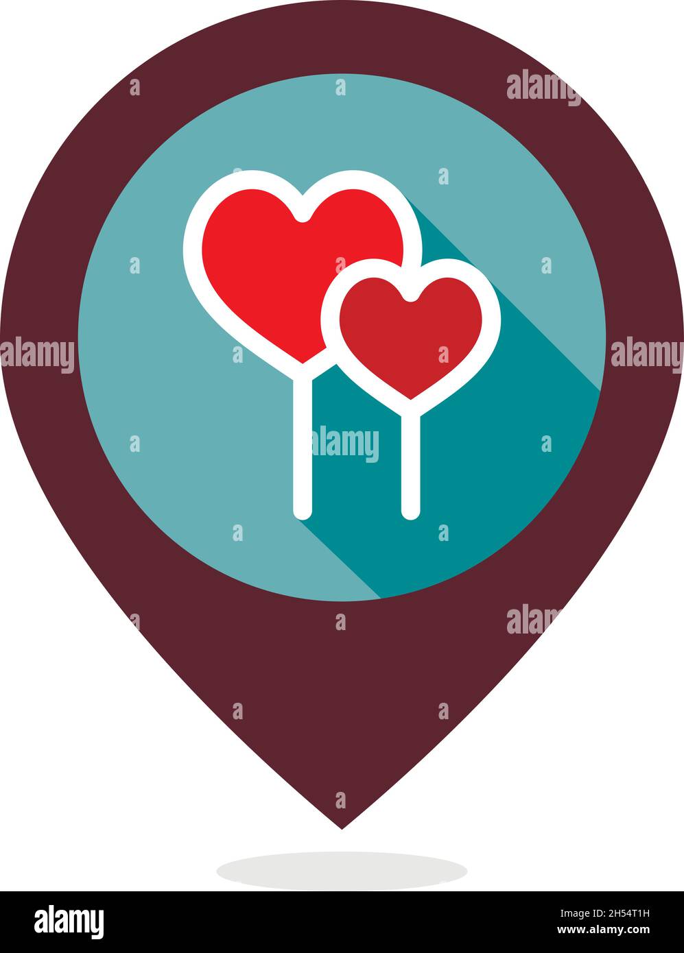 Romantic desserts. Sweet Valentines Day greeting. Map pointer. Two red ...