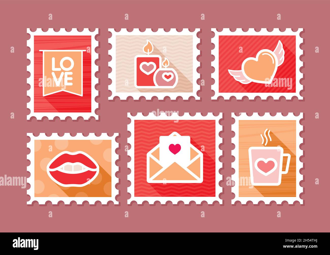 Valentines day postage stamps. Vector illustration, romance elements ...