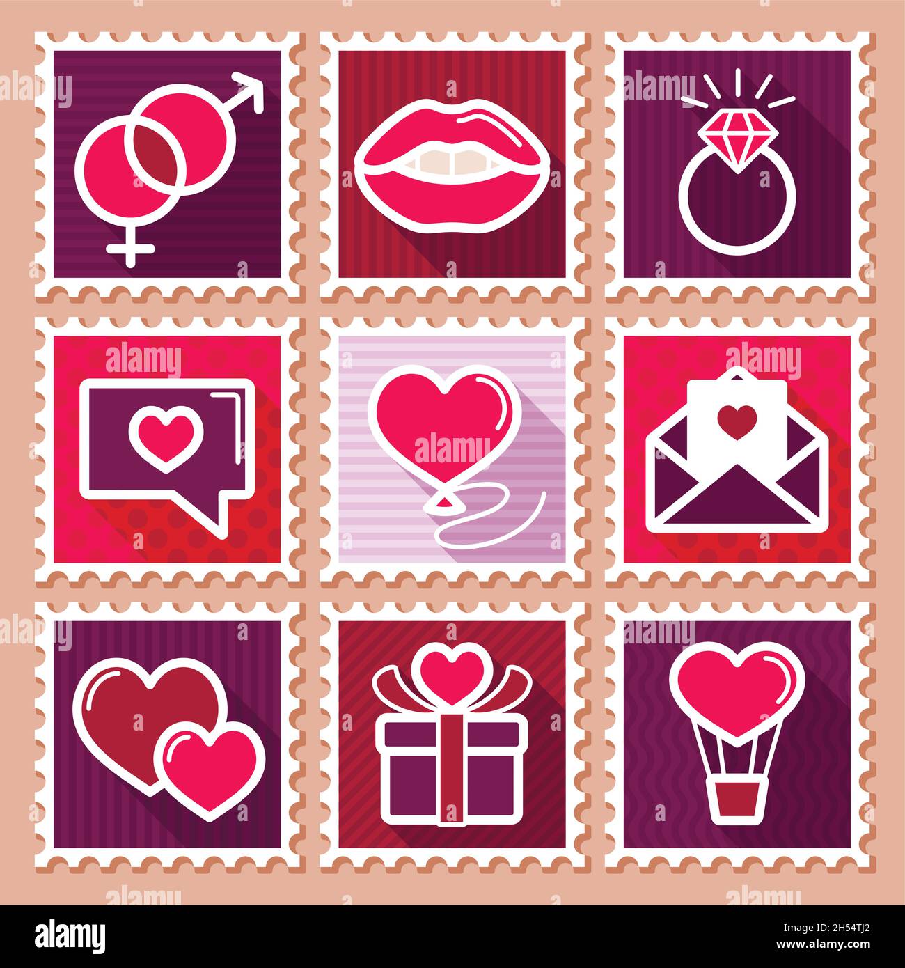 Valentines day postage stamps. Vector illustration, romance elements ...