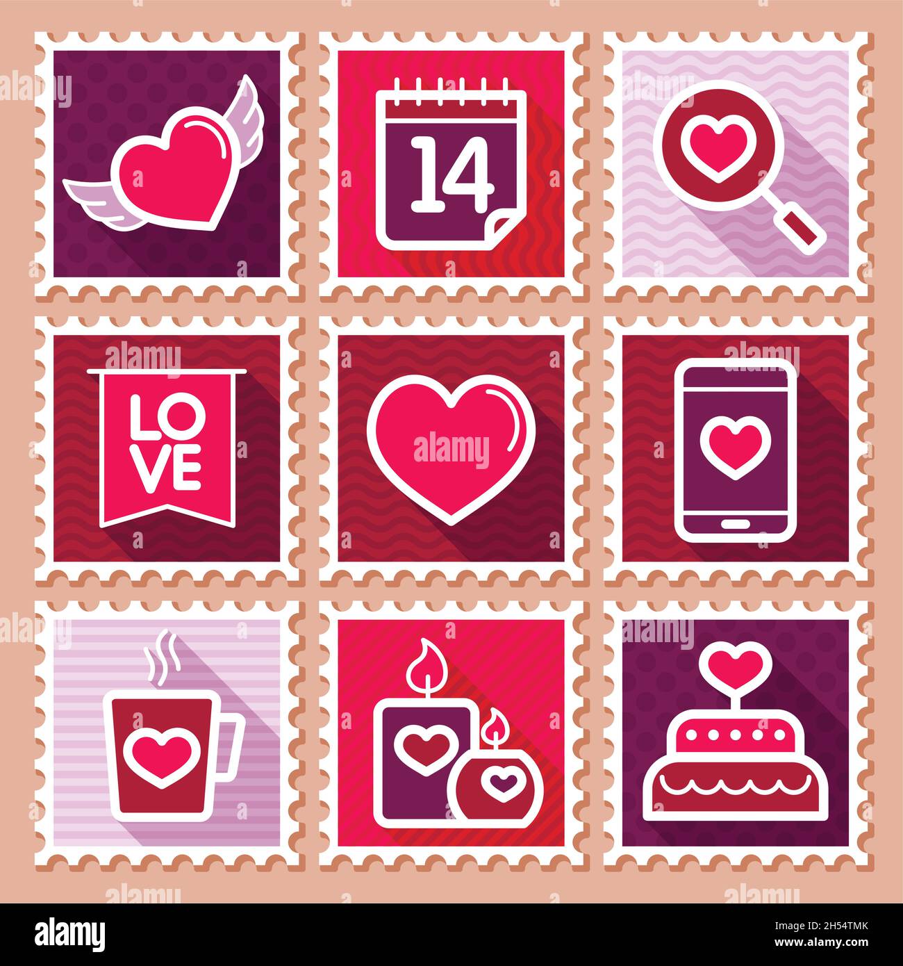 Valentines day postage stamps. Vector illustration, romance elements ...