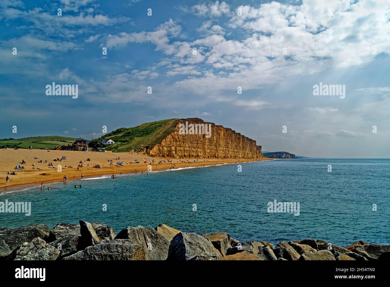 UK, Dorset, Jurassic Coast, West Bay, East Cliff and Beach viewed from ...