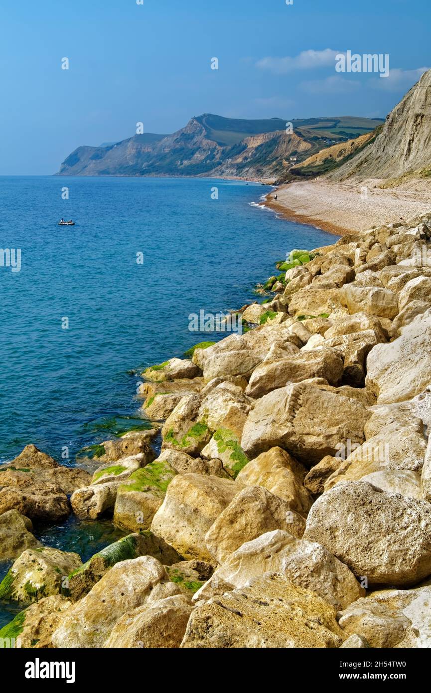 UK, Dorset, West Bay, View from Coast Path looking West towards Eype ...