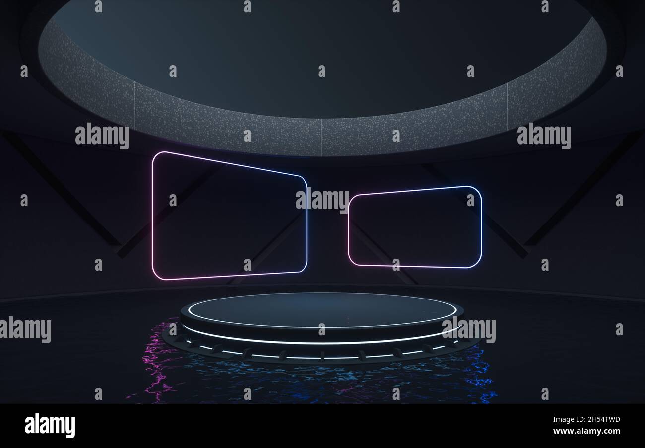 Neon light and stage in the round room, 3d rendering. Computer digital ...