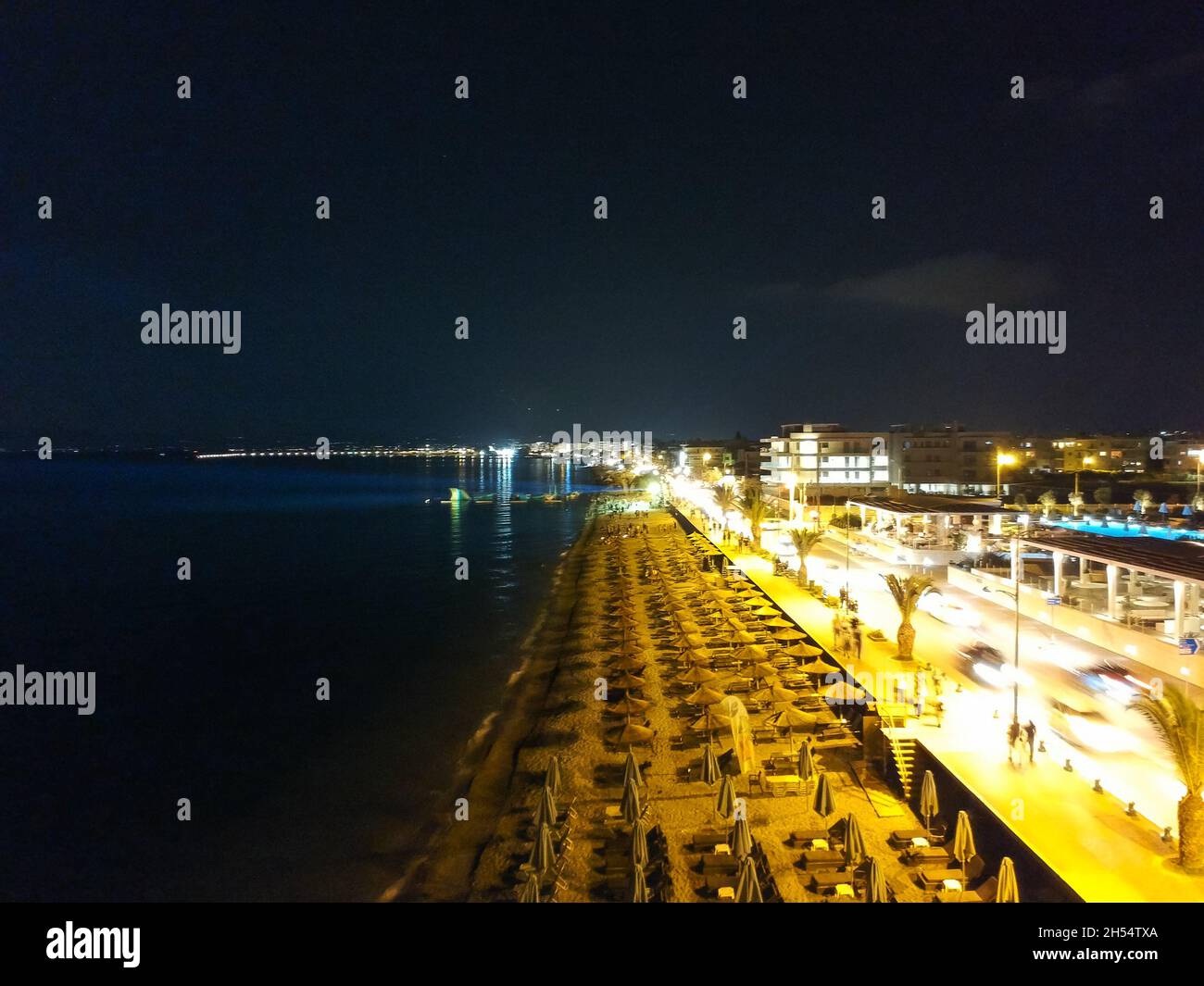 Scenic panoramic aerial night view of Seaside Kalamata city, Greece ...