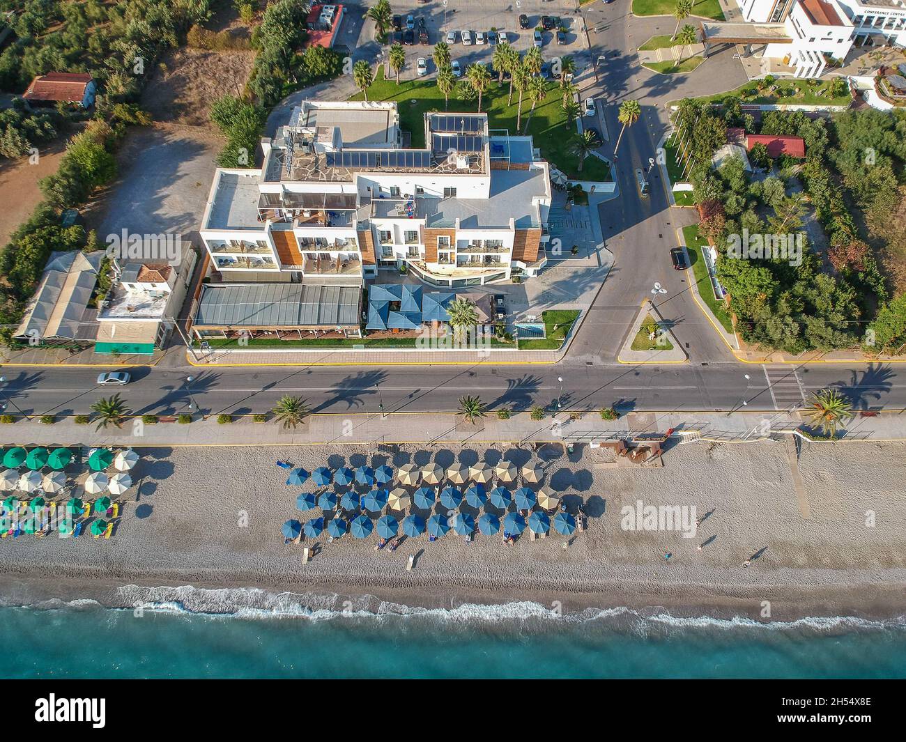 Aerial seaside view over Kalamata city in Messinia, Greece at sunset ...