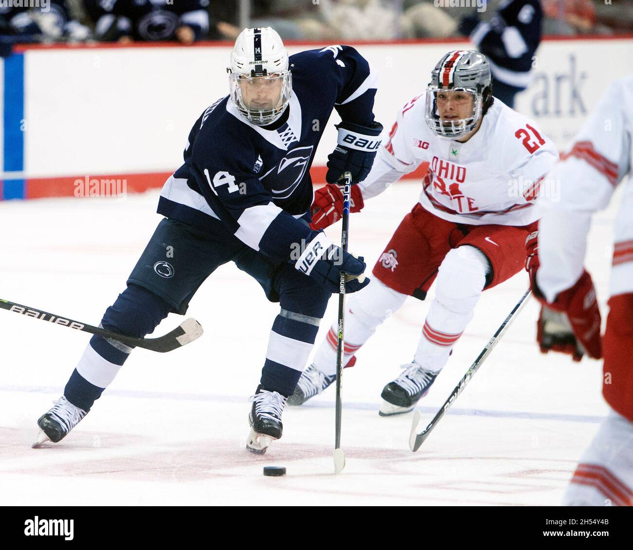 November 6, 2021: Penn State forward Ben Copeland (14) carries the puck ...