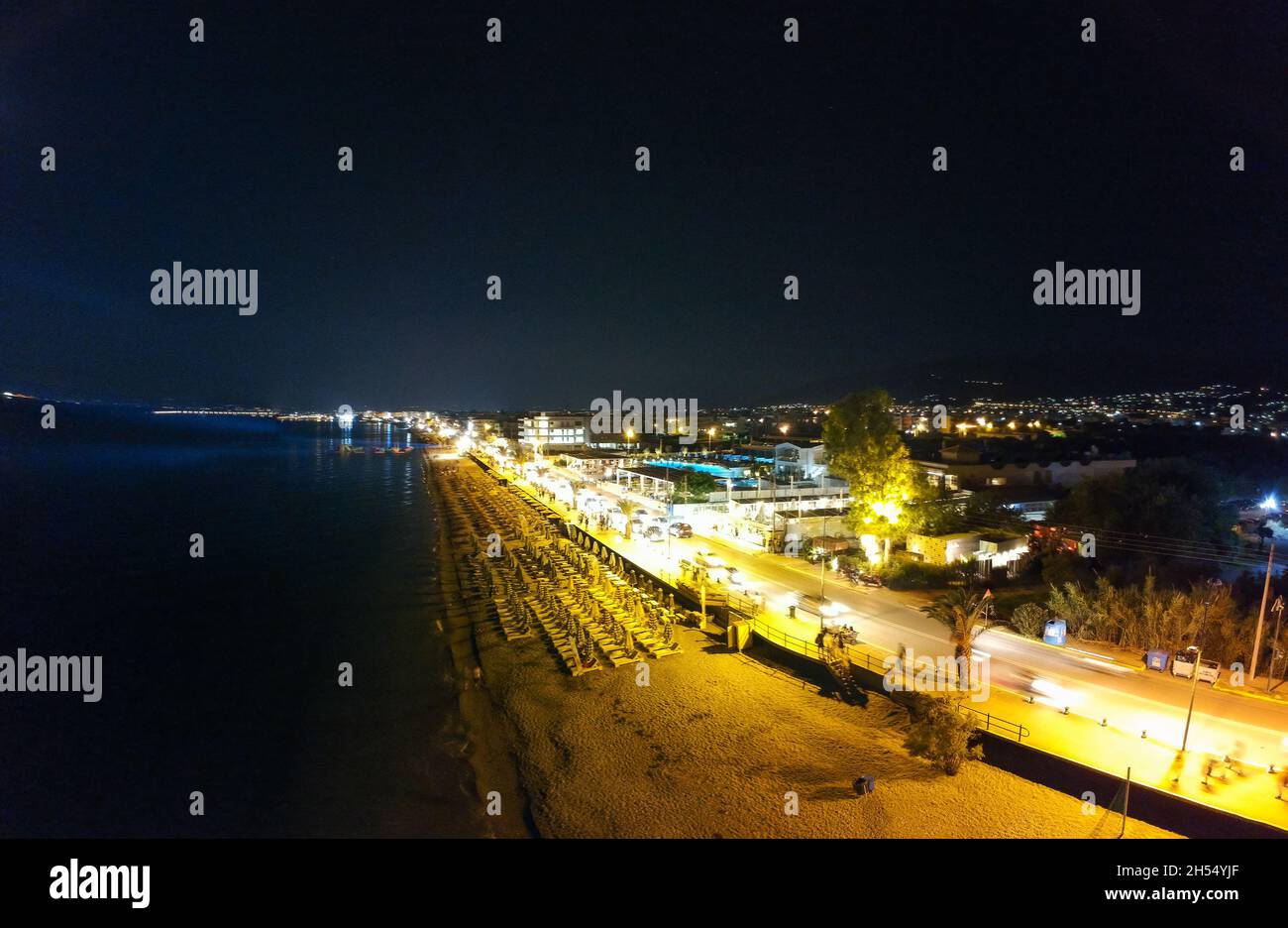 Scenic panoramic aerial night view of Seaside Kalamata city, Greece ...