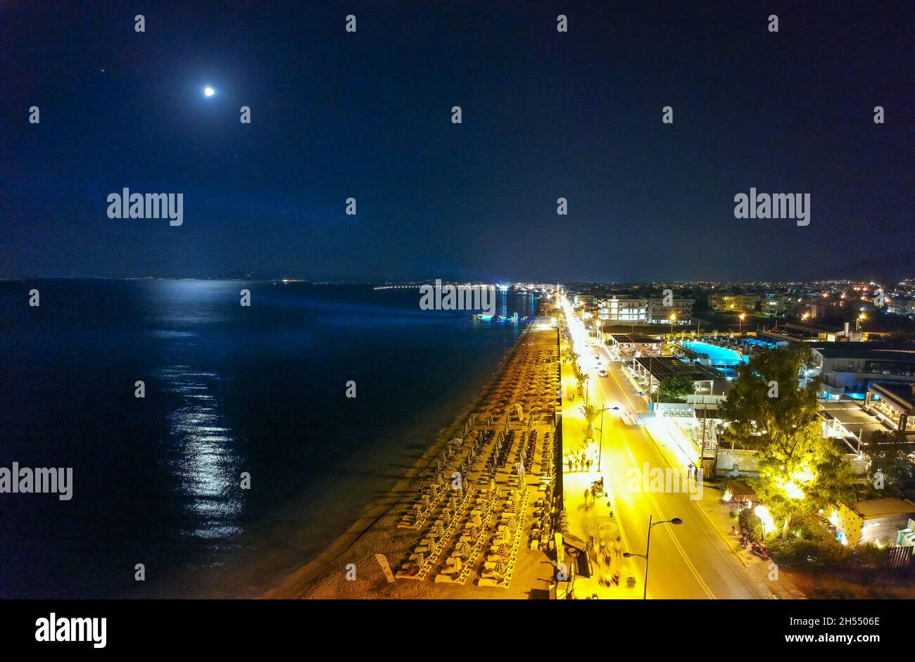 Scenic panoramic aerial night view of Seaside Kalamata city, Greece ...
