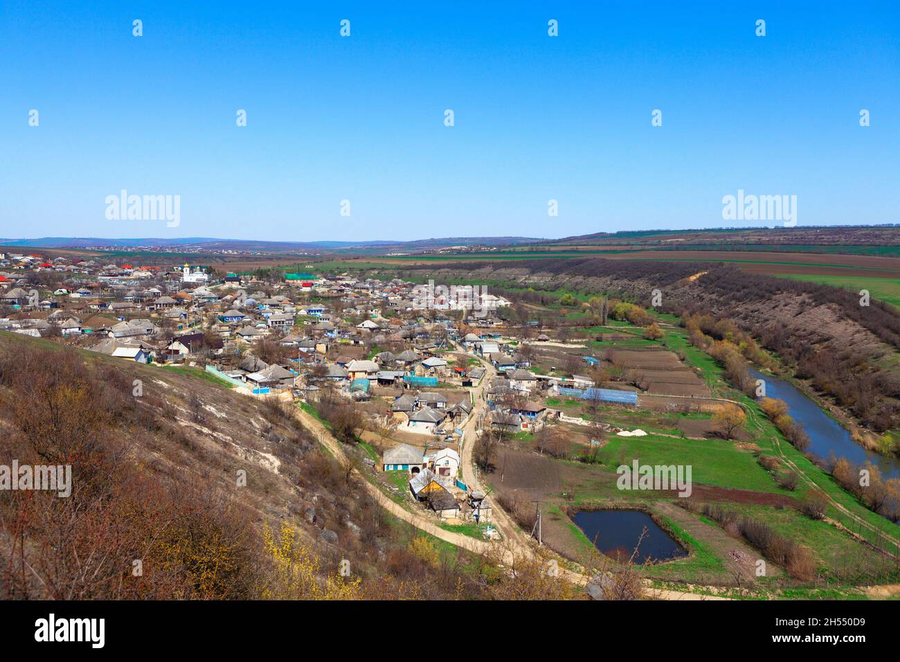 View of the village from the hill . Rustic settlement . Countryside ...