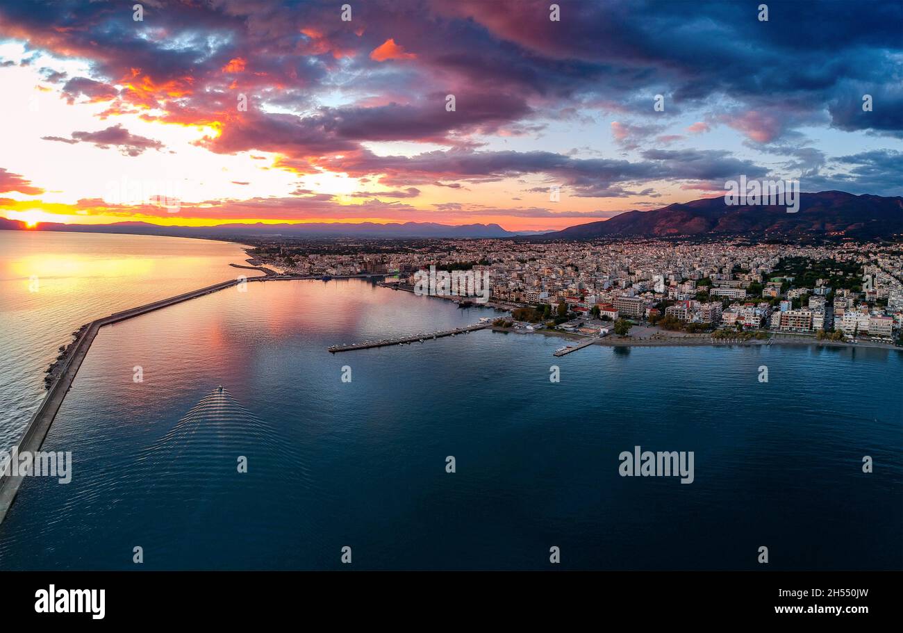 Aerial seaside view over Kalamata city in Messinia, Greece at sunset ...