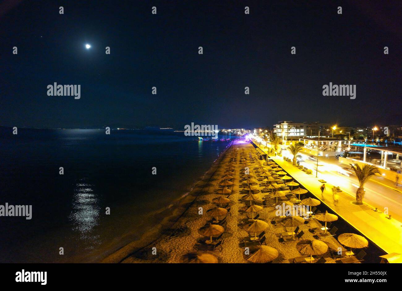 Scenic panoramic aerial night view of Seaside Kalamata city, Greece ...