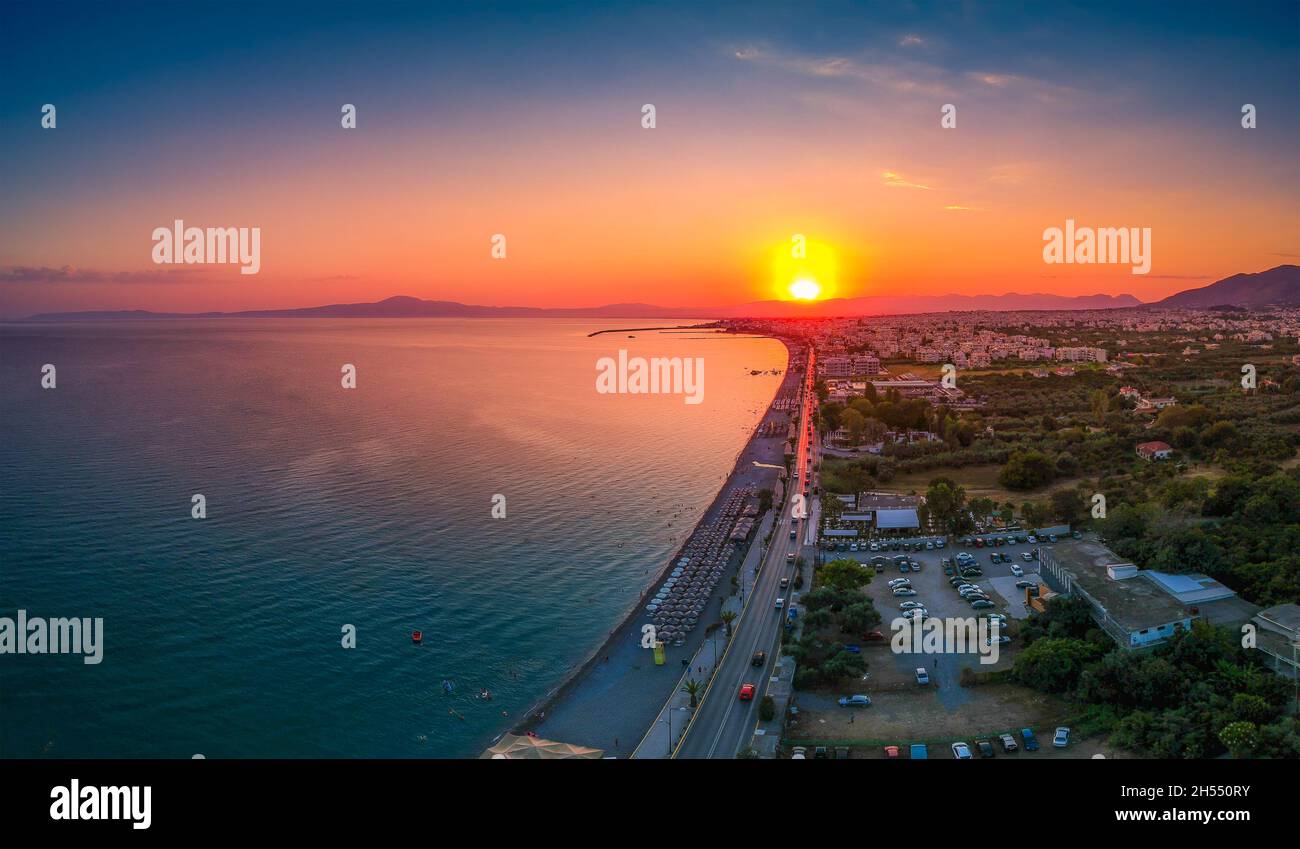 Aerial seaside view over Kalamata city in Messinia, Greece at sunset ...