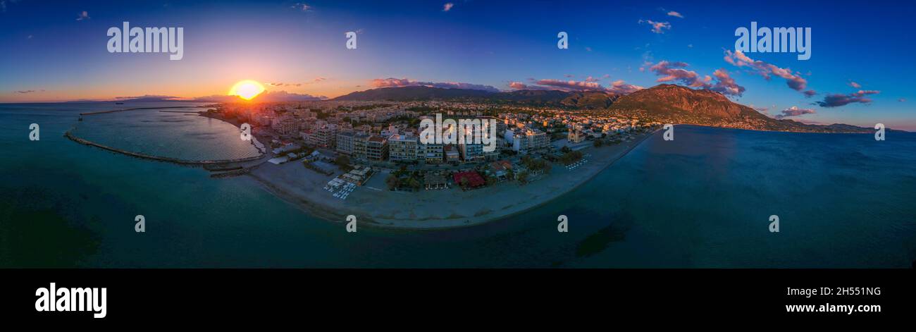 Aerial seaside view over Kalamata city in Messinia, Greece at sunset ...