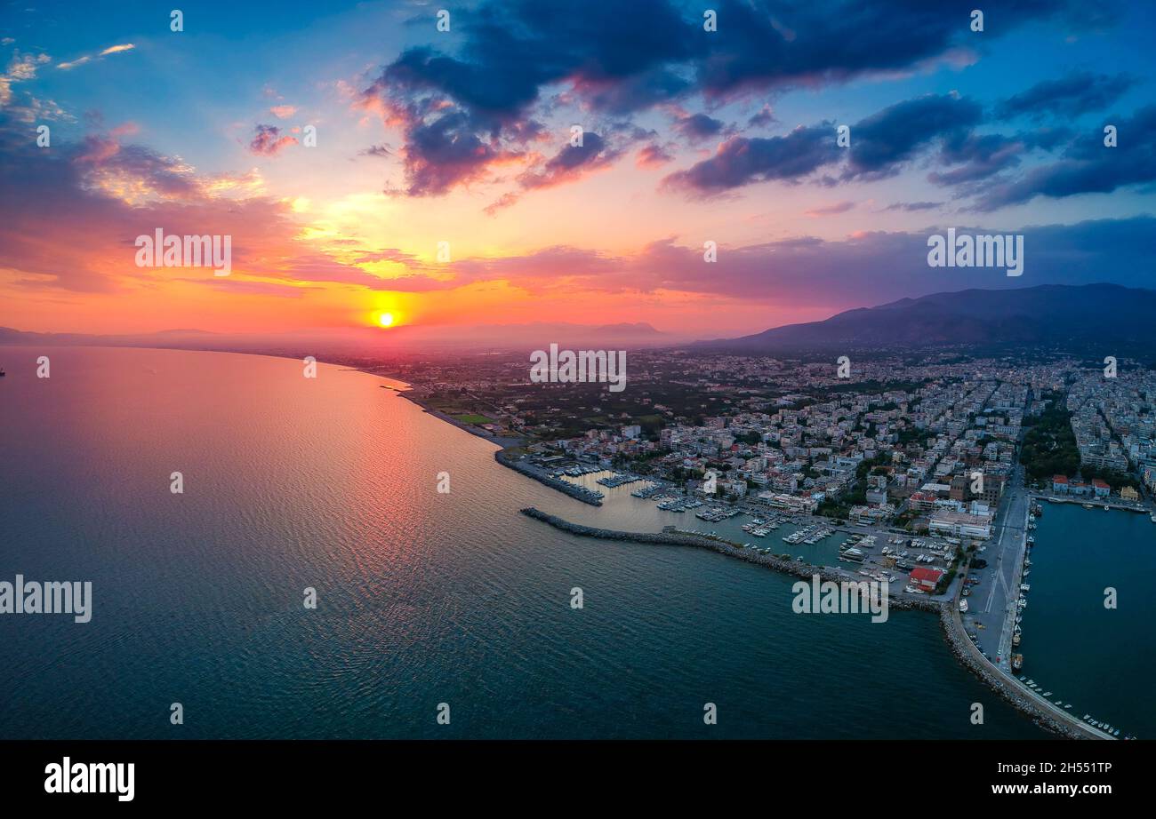 Aerial seaside view over Kalamata city in Messinia, Greece at sunset ...