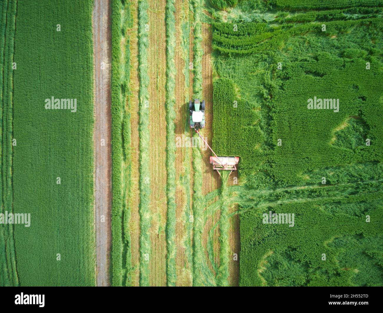 Tractor aerial view with background patterns, cutting oaten hay ...