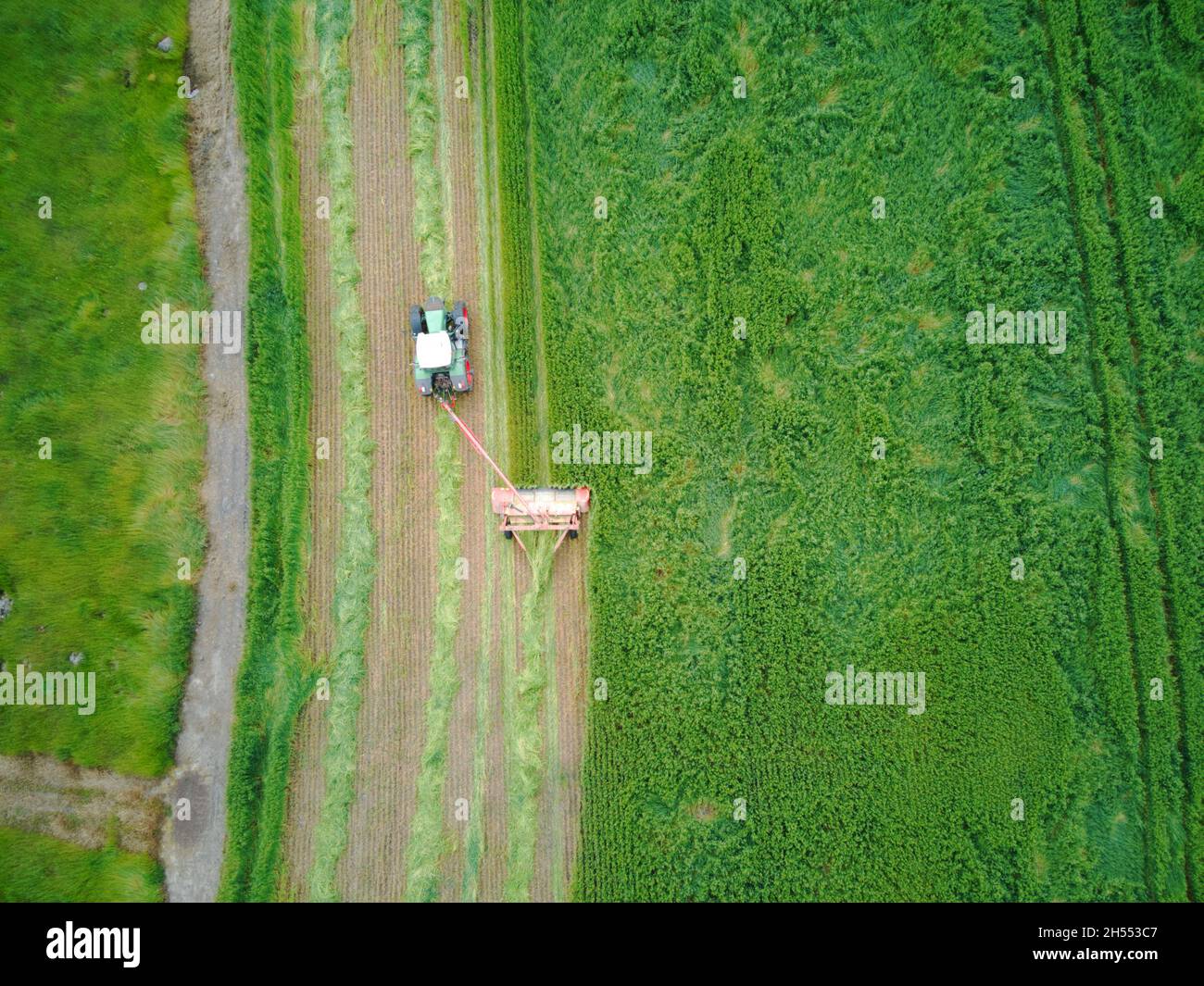 Tractor aerial view with background patterns, cutting oaten hay ...