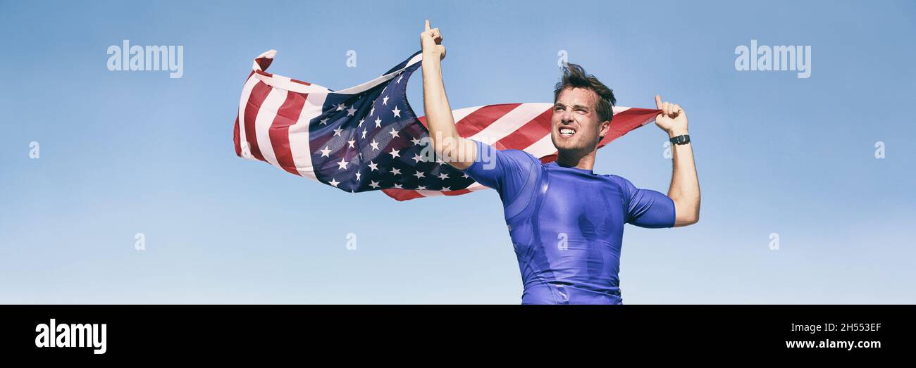 USA american athlete waving flag in success winning competition race on ...