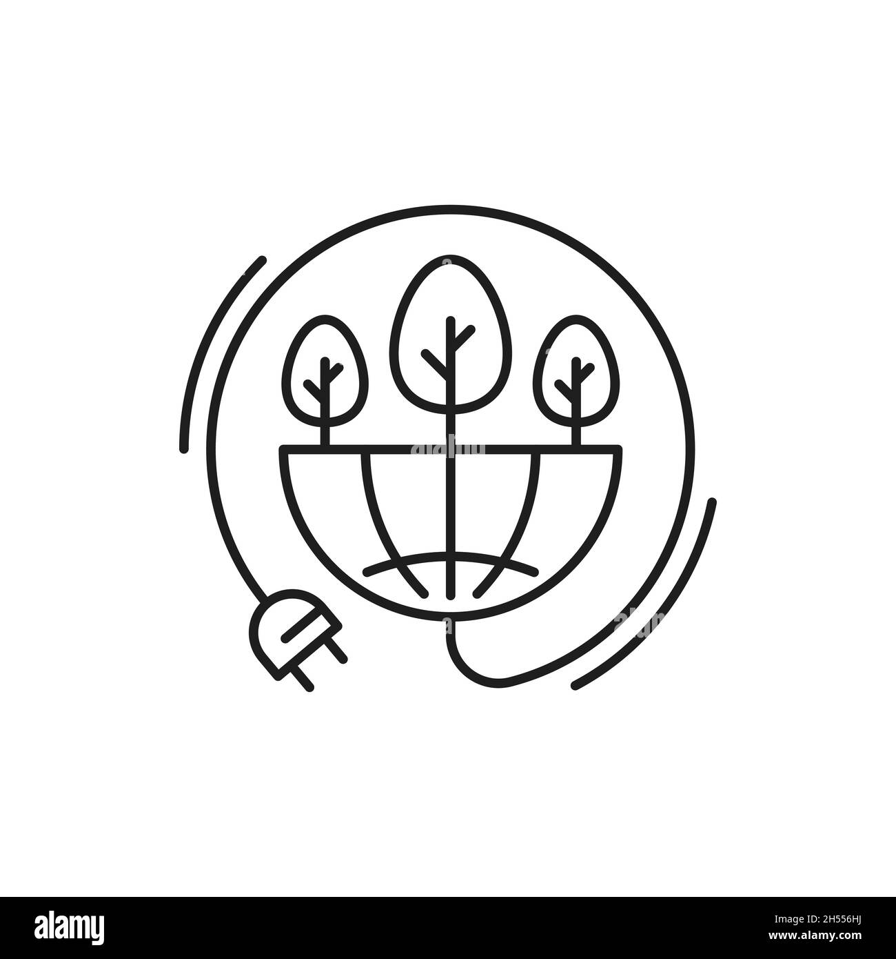 Green energy eco power electric plug with plants trees growing on earth ...