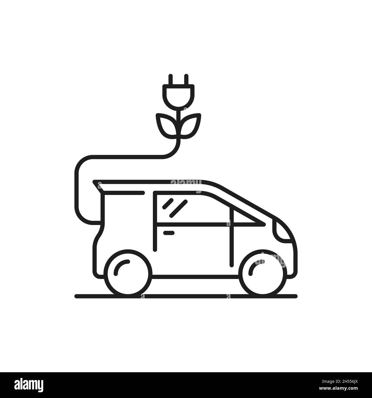 Green eco car with charge plug isolated hybrid vehicle thin line icon ...