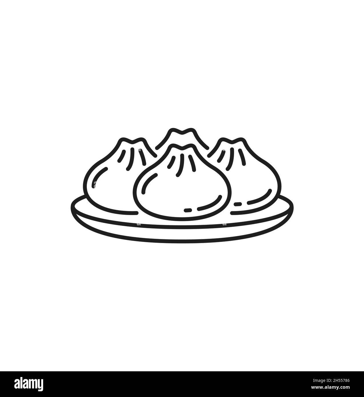 Baozi traditional chinese food on plate isolated thin line icon. Vector bao yeast-leavened ...