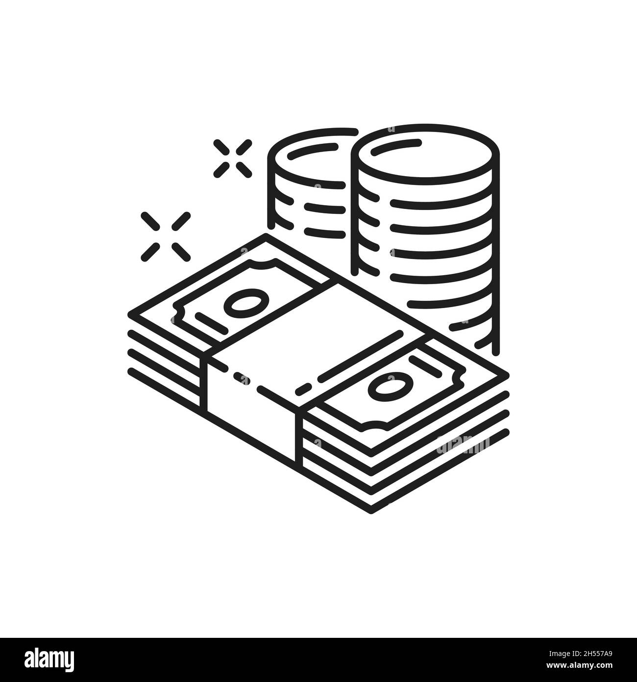 Money paper bills and coins isolated thin line icon. Vector finance ...