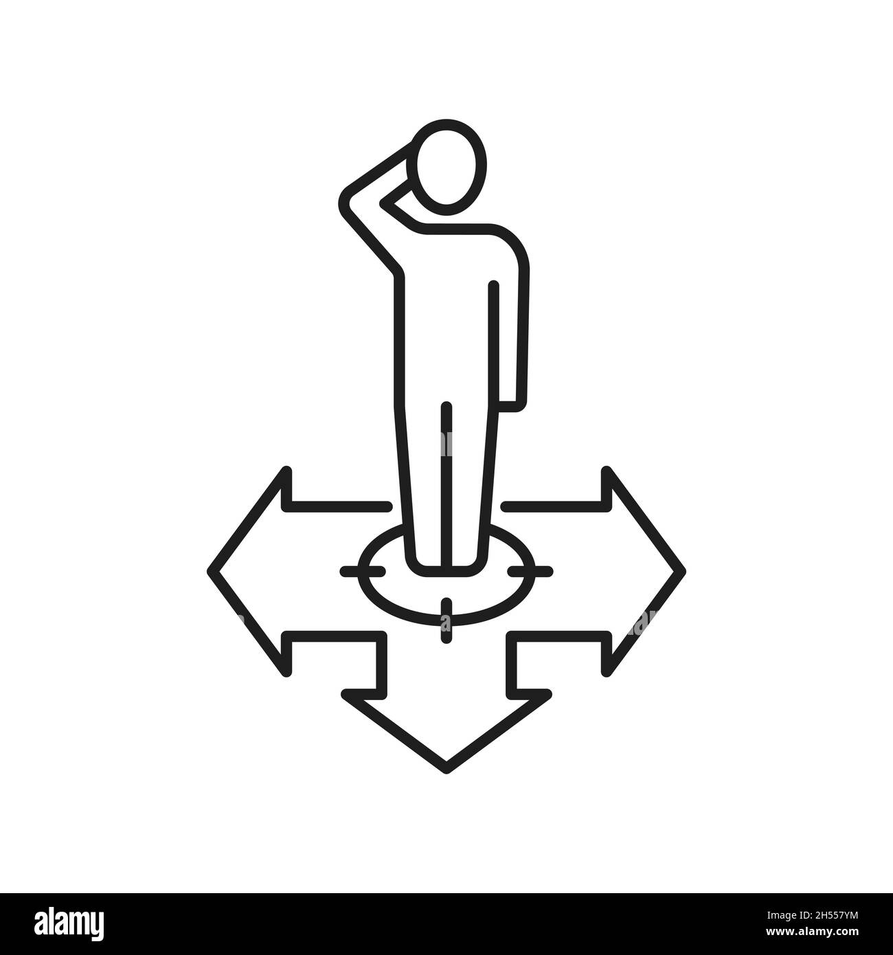 Businessman standing on arrows and deciding route to choose isolated outline icon. Vector target ...