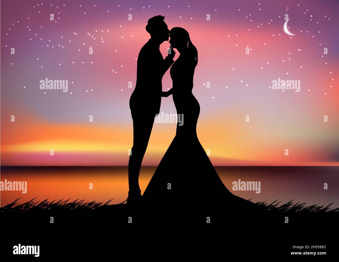 silhouette image A couple man and women with Moon in the sky at night ...