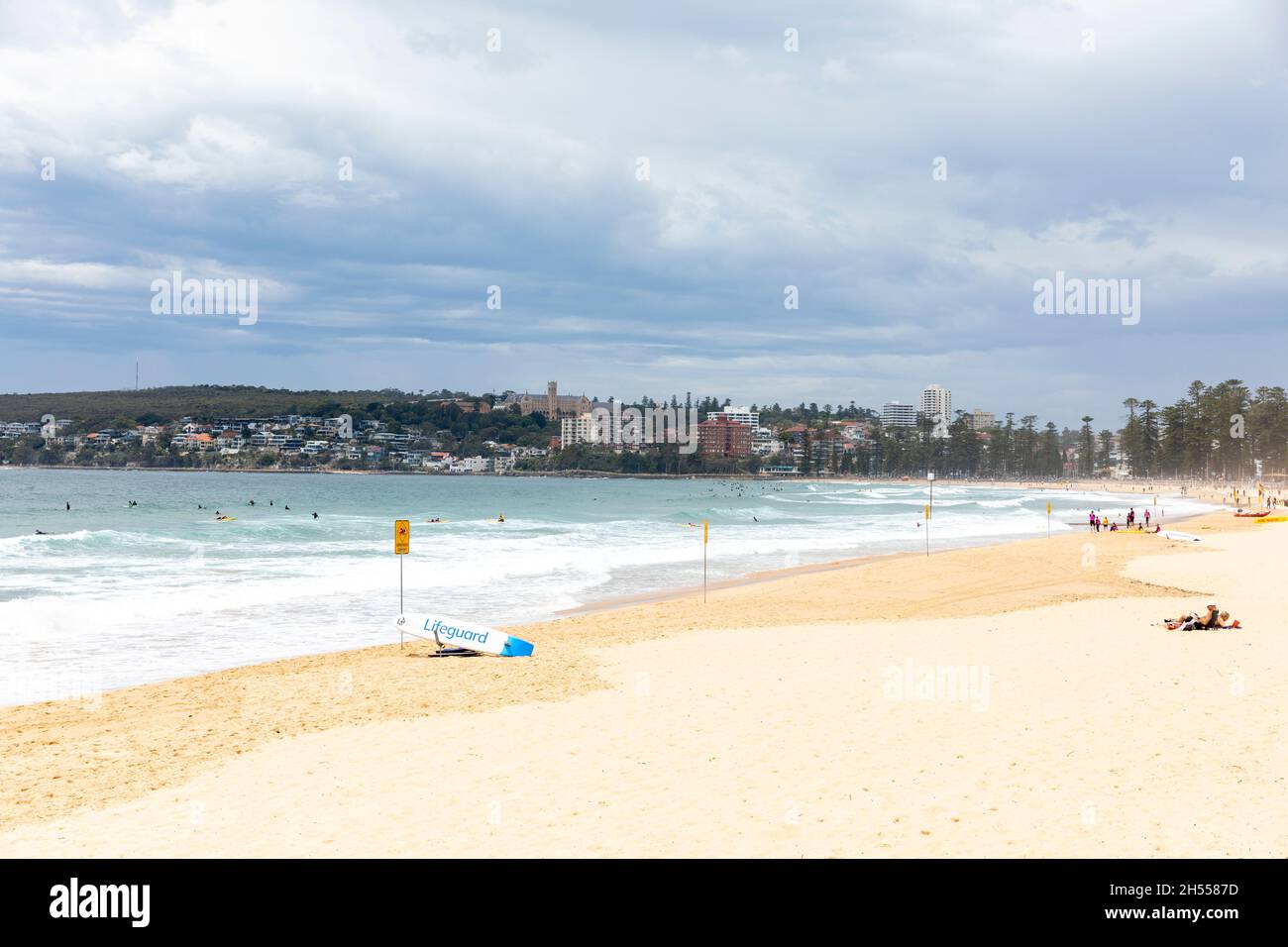 Manly Beach in Sydney view along the sands and ocean with lifeguard ...