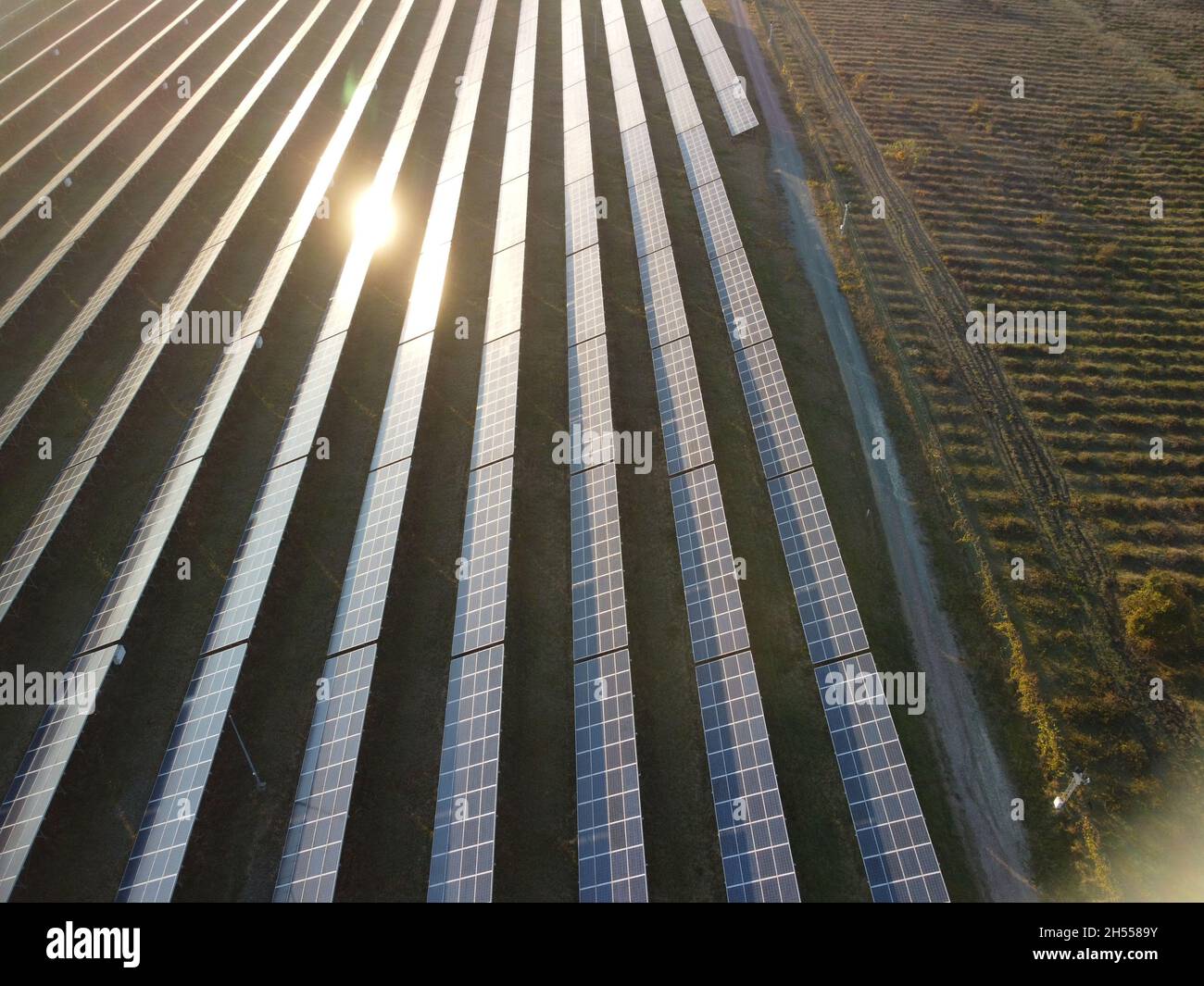 Aerial top view of a solar panels power plant. Photovoltaic solar ...