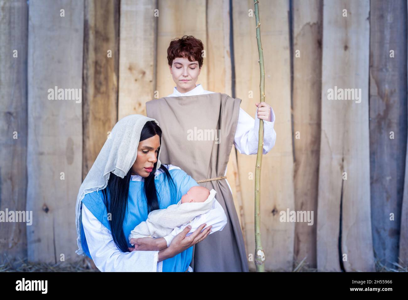 Scene of the nativity with transgender characters Stock Photo - Alamy