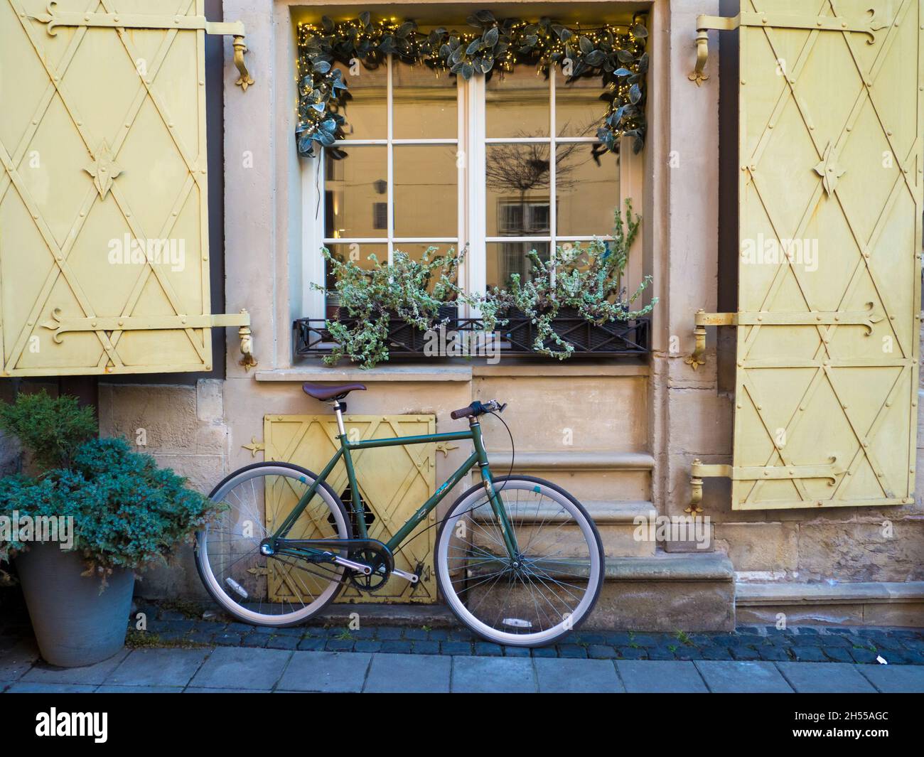 Christmas decoration with bicycle and decorated windows fir tree ...